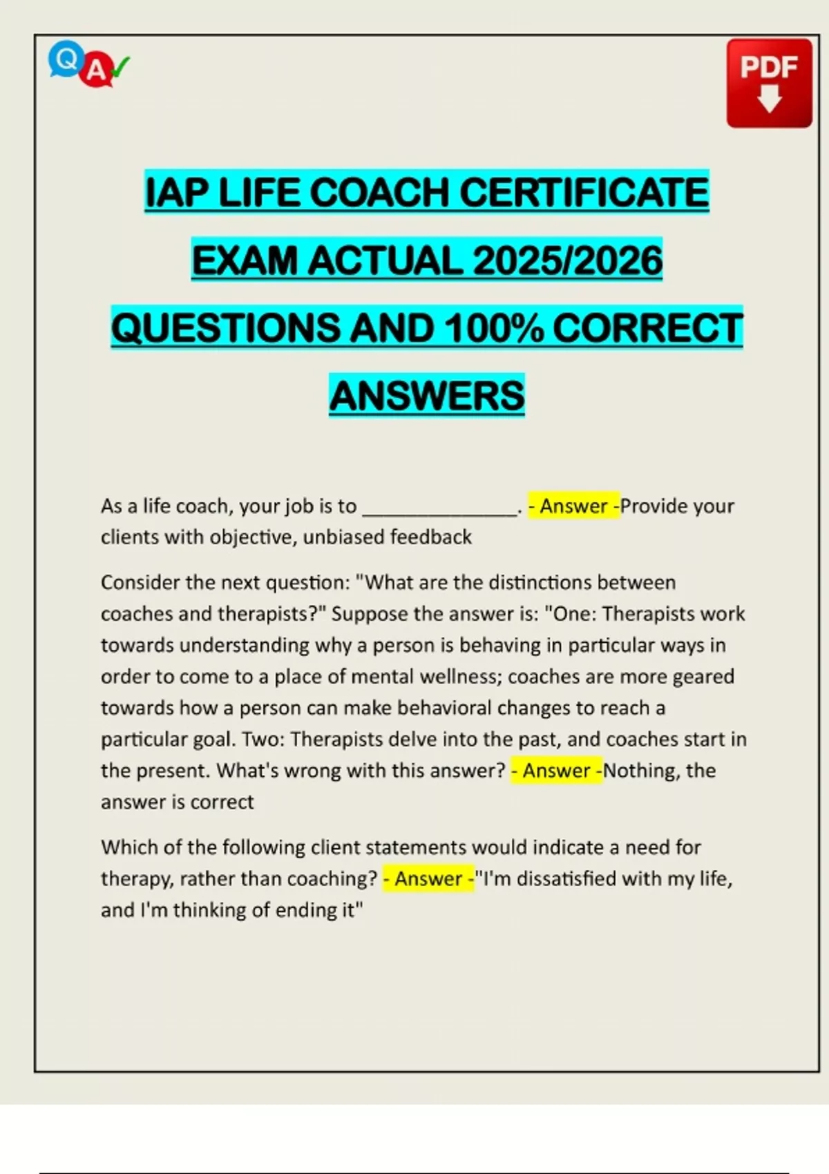 IAP LIFE COACH CERTIFICATE EXAM ACTUAL 2025/2026 QUESTIONS AND 100% ...