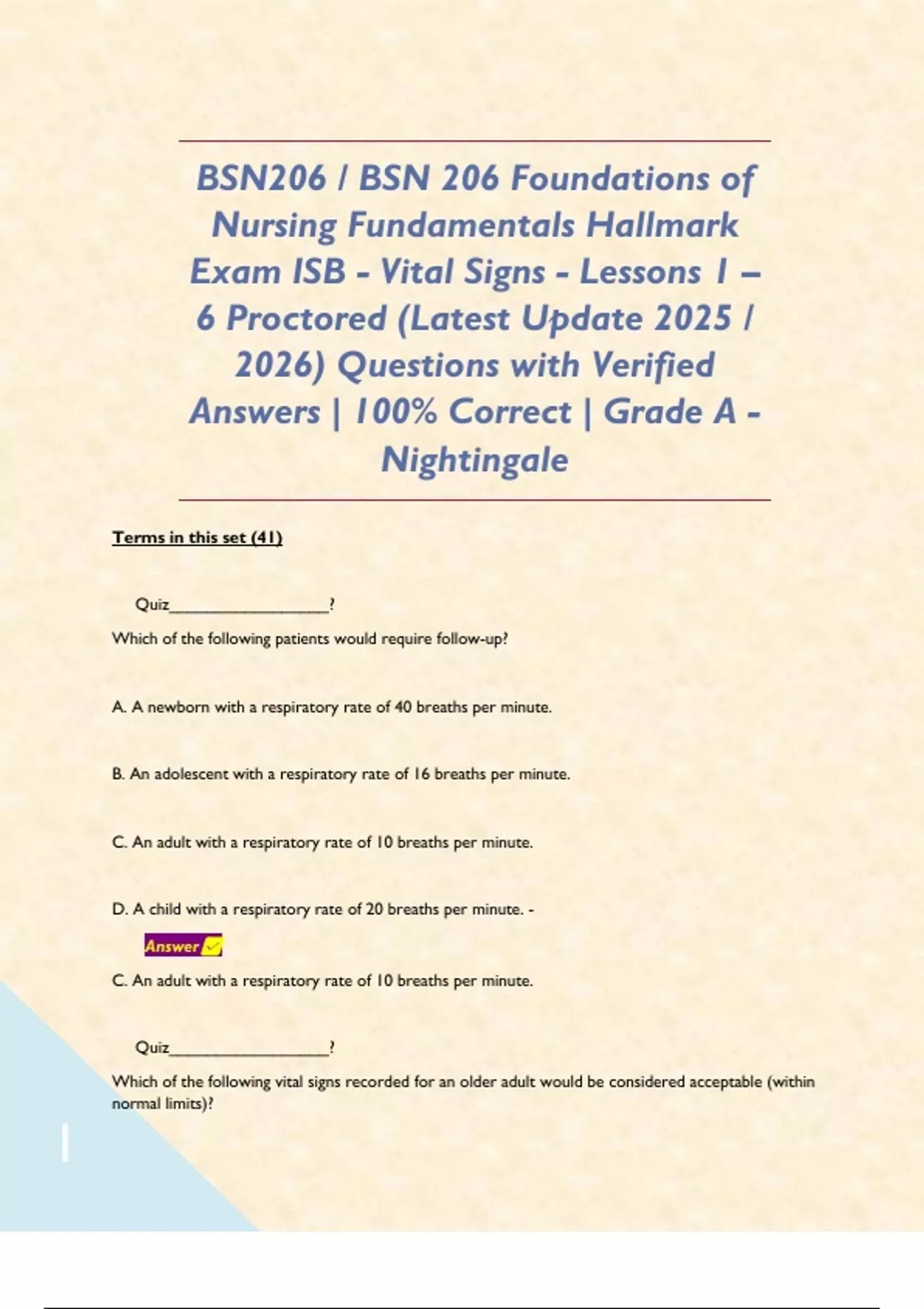 BSN206 / BSN 206 Foundations of Nursing Fundamentals Hallmark Exam ISB ...
