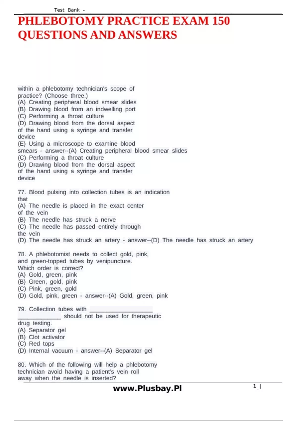PHLEBOTOMY PRACTICE EXAM 150 QUESTIONS AND ANSWERS - Phlebotomy - Stuvia US