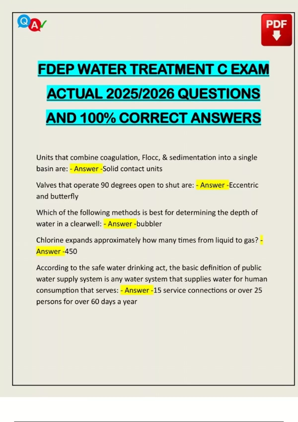 FDEP WATER TREATMENT C EXAM ACTUAL 2025/2026 QUESTIONS AND 100% CORRECT ...