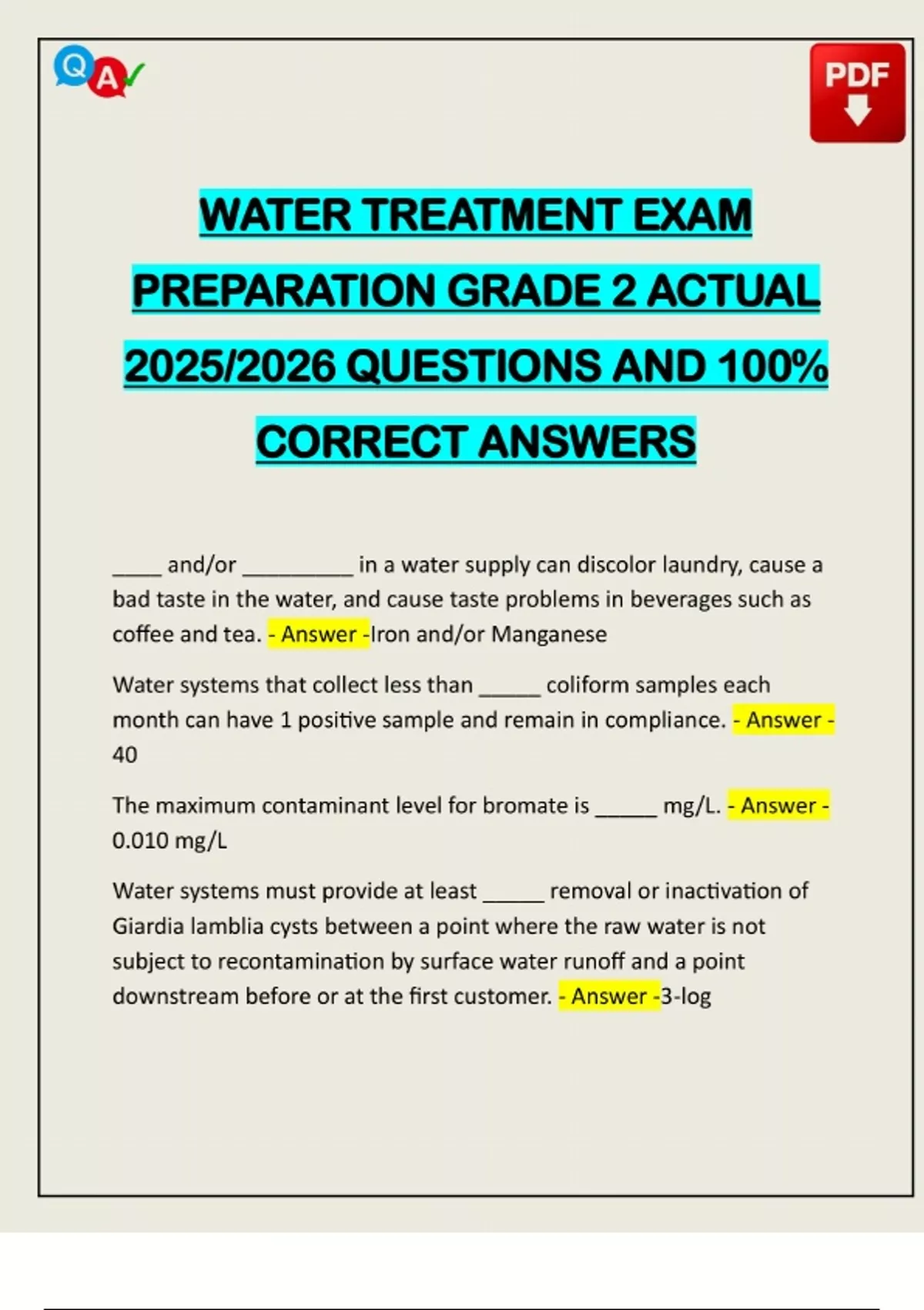 WATER TREATMENT EXAM PREPARATION GRADE 2 ACTUAL 2025/2026 QUESTIONS AND ...