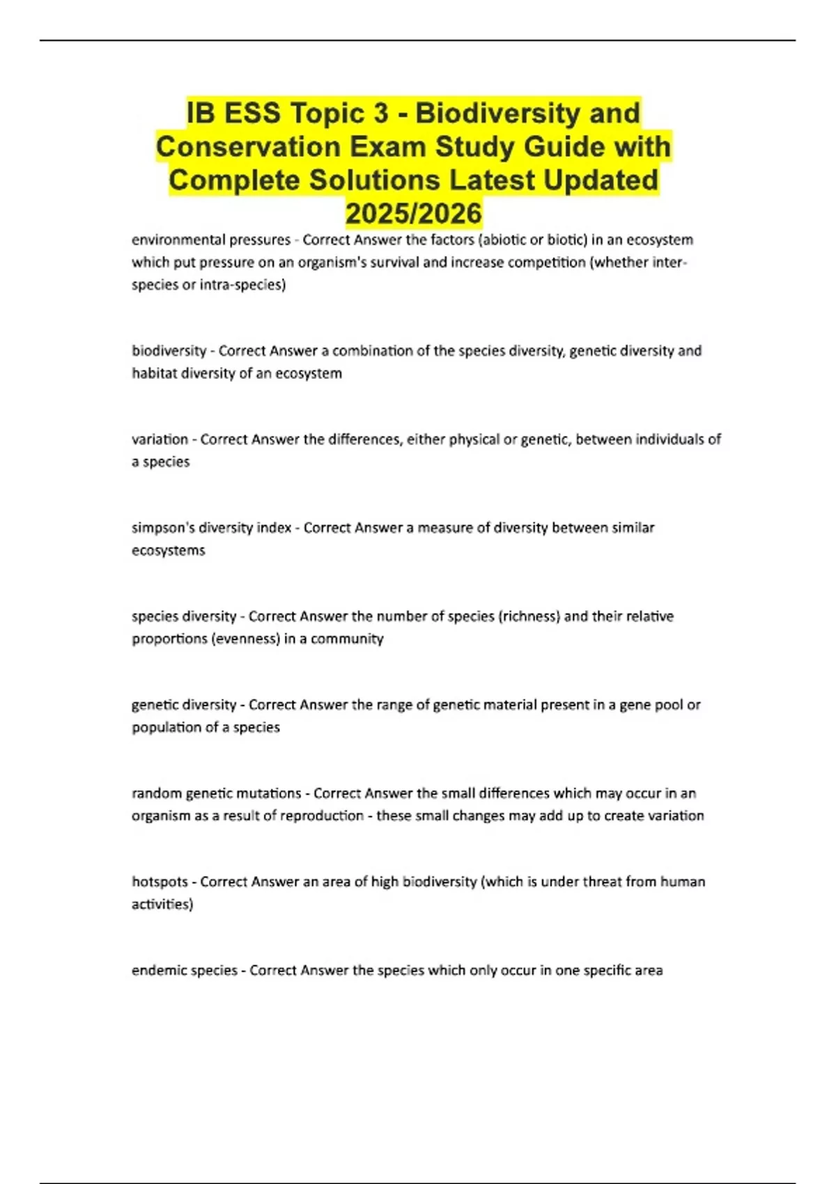 IB ESS Topic 3 - Biodiversity and Conservation Exam Study Guide with ...