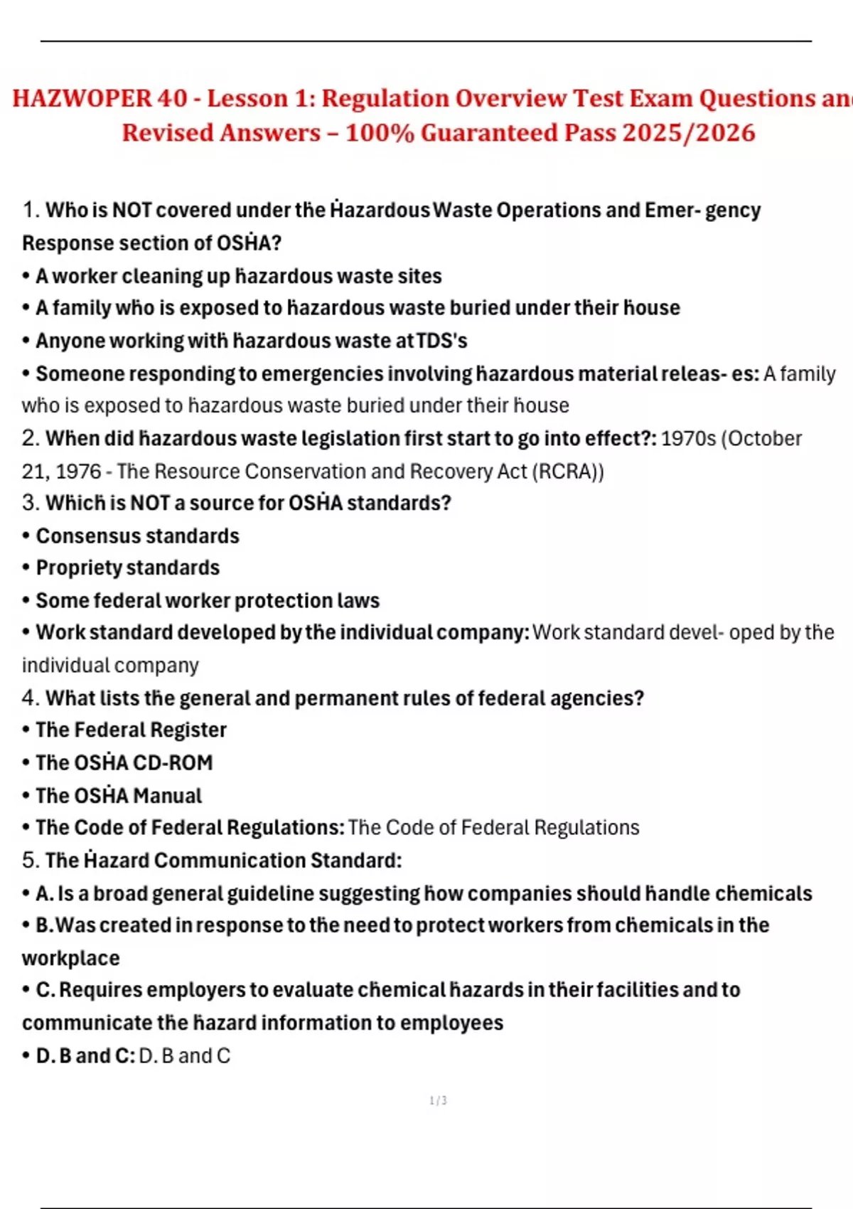 HAZWOPER 40 – Lesson 1: Regulation Overview Test Exam Questions and ...