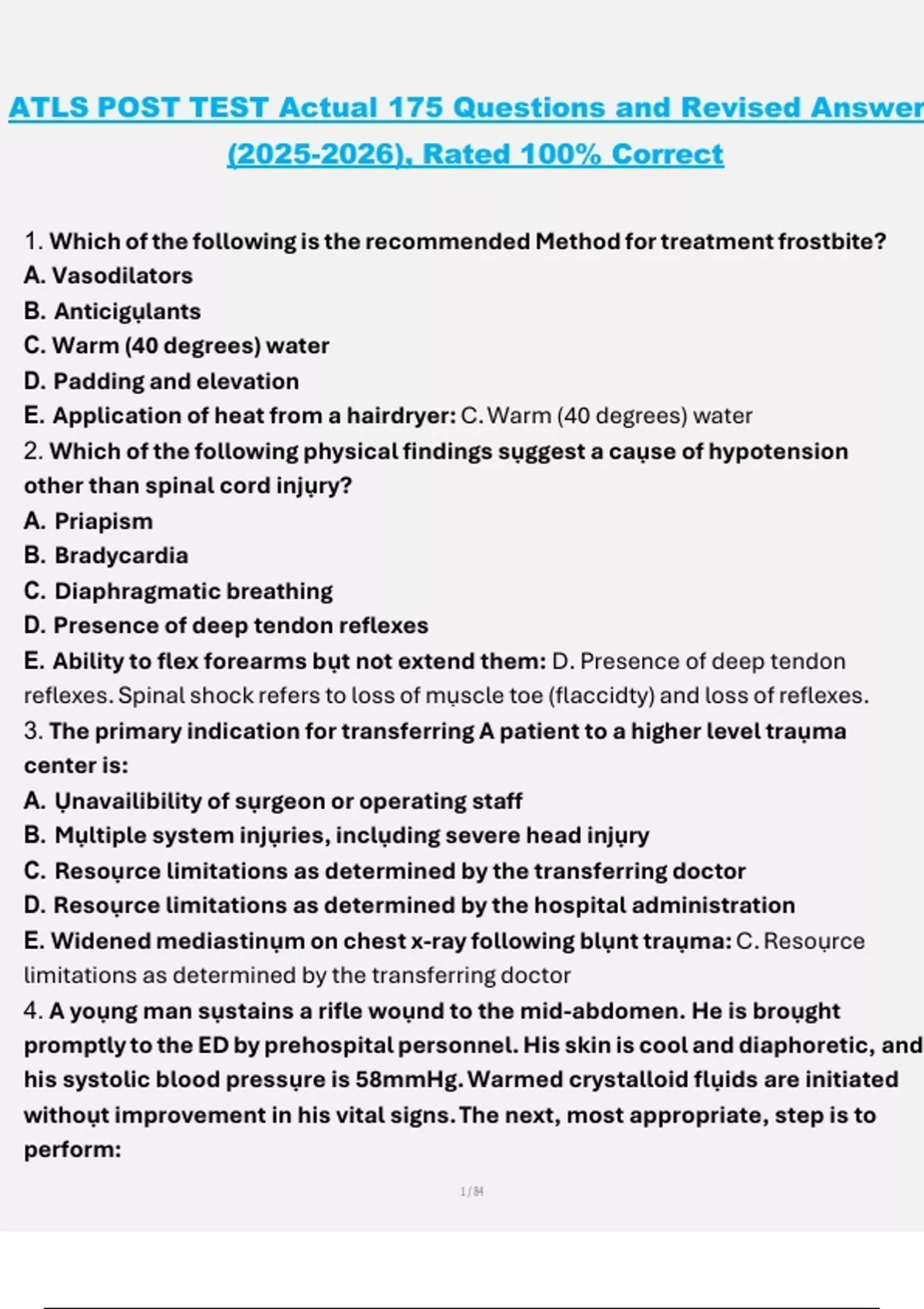ATLS 10th Edition Post Test Actual 175 Questions and Revised Answers ...