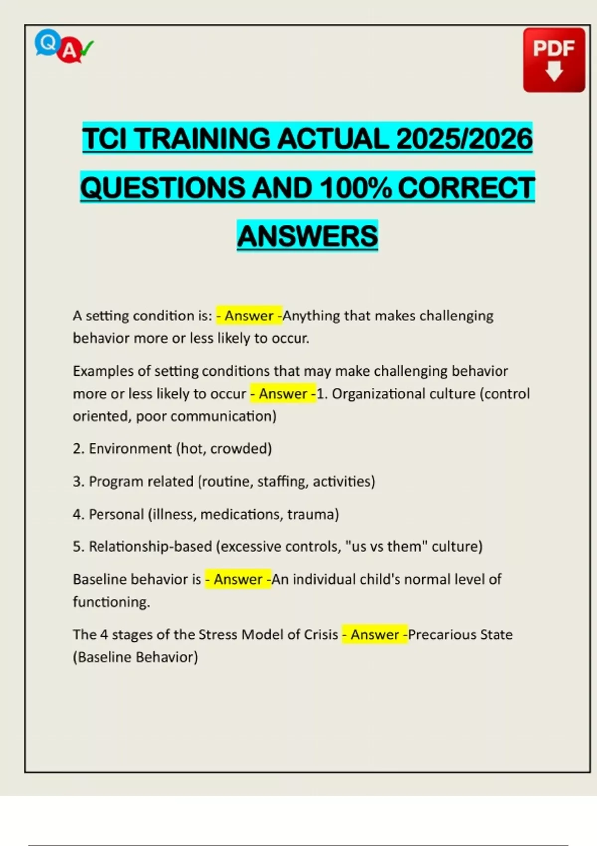 TCI TRAINING ACTUAL 2025/2026 QUESTIONS AND 100% CORRECT ANSWERS - TCI ...