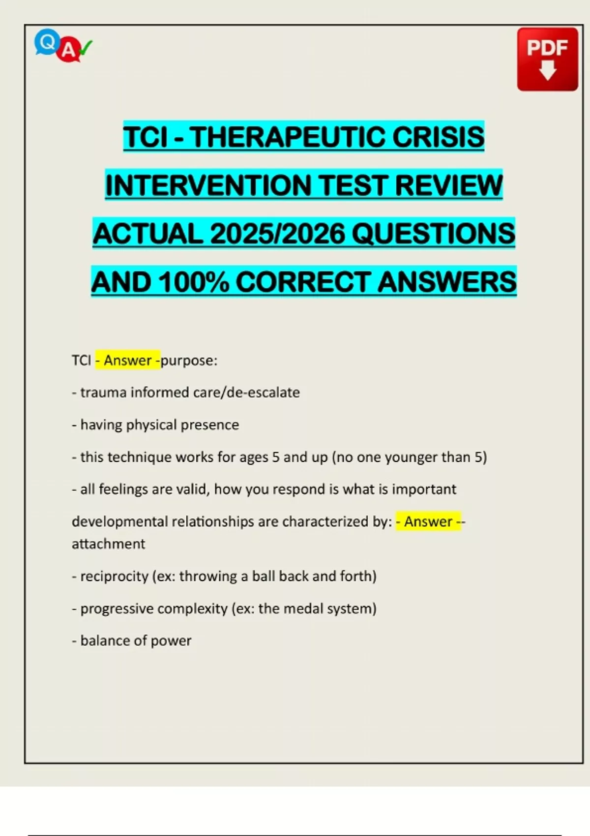 TCI - THERAPEUTIC CRISIS INTERVENTION TEST REVIEW ACTUAL 2025/2026 ...