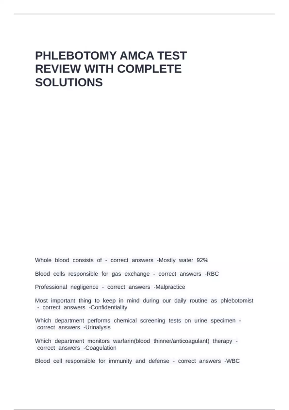PHLEBOTOMY AMCA TEST REVIEW WITH COMPLETE SOLUTIONS - AMCA phlebotomy ...