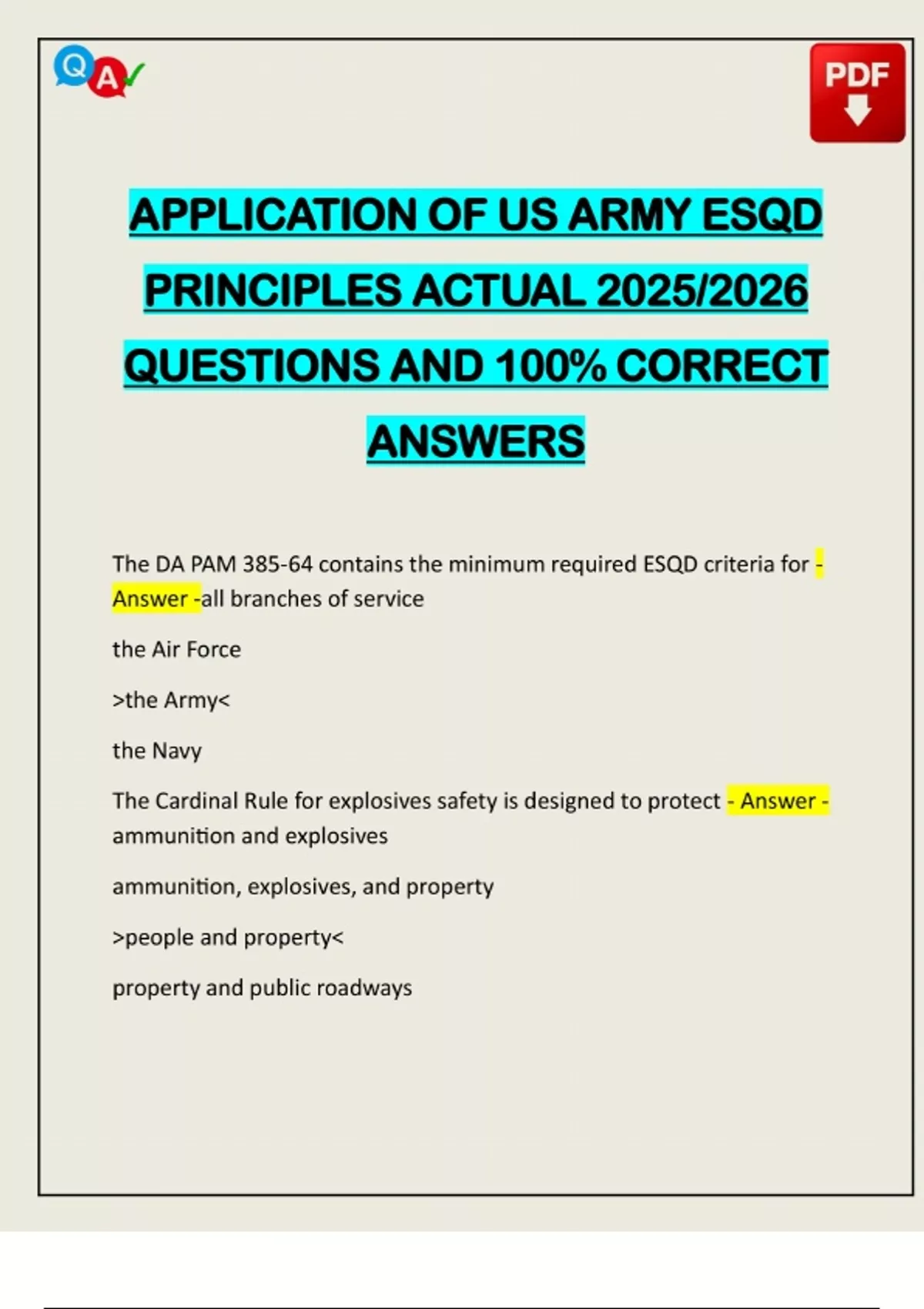 APPLICATION OF US ARMY ESQD PRINCIPLES ACTUAL 2025/2026 QUESTIONS AND ...