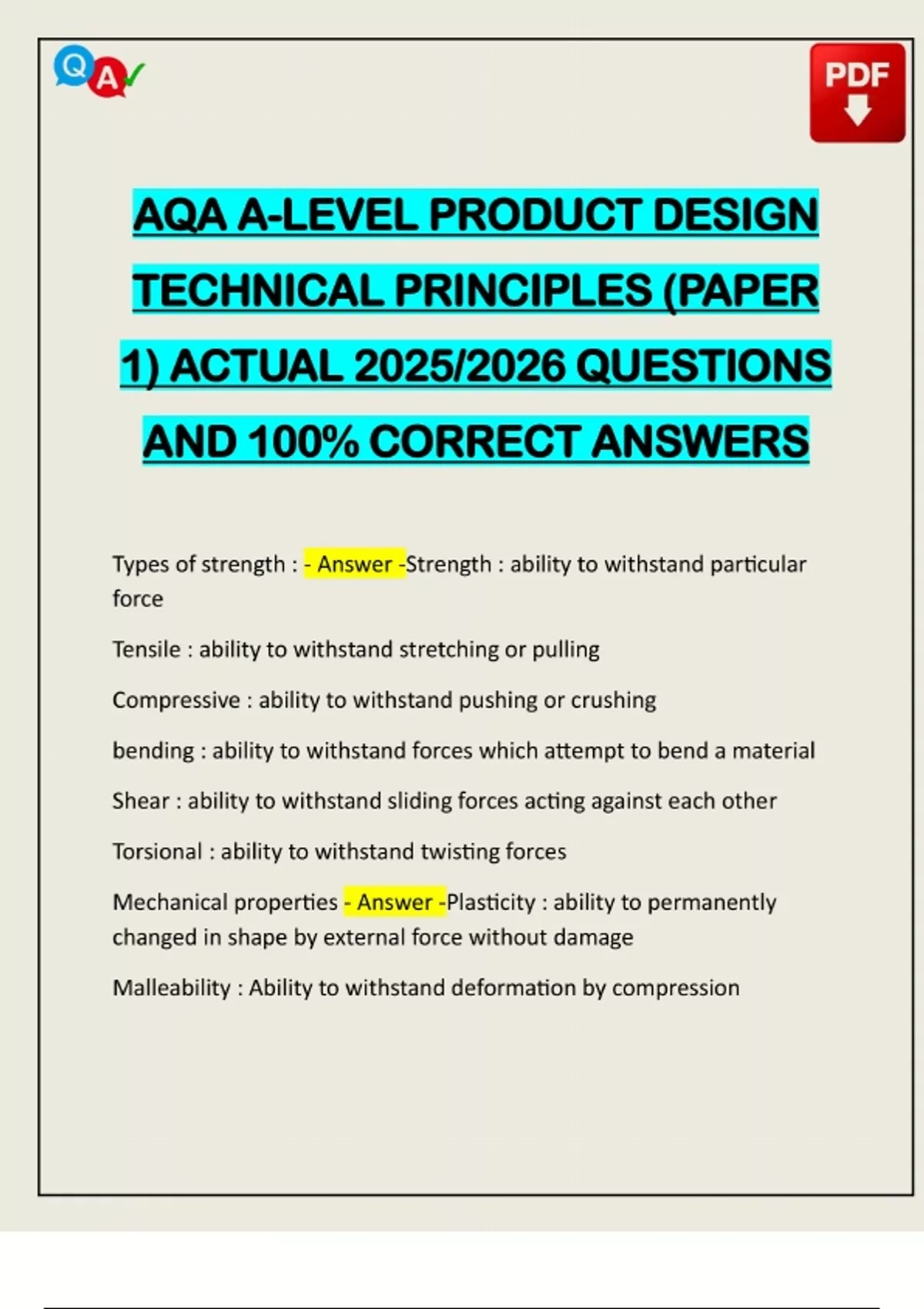 AQA A-LEVEL PRODUCT DESIGN TECHNICAL PRINCIPLES (PAPER 1) ACTUAL 2025/ ...