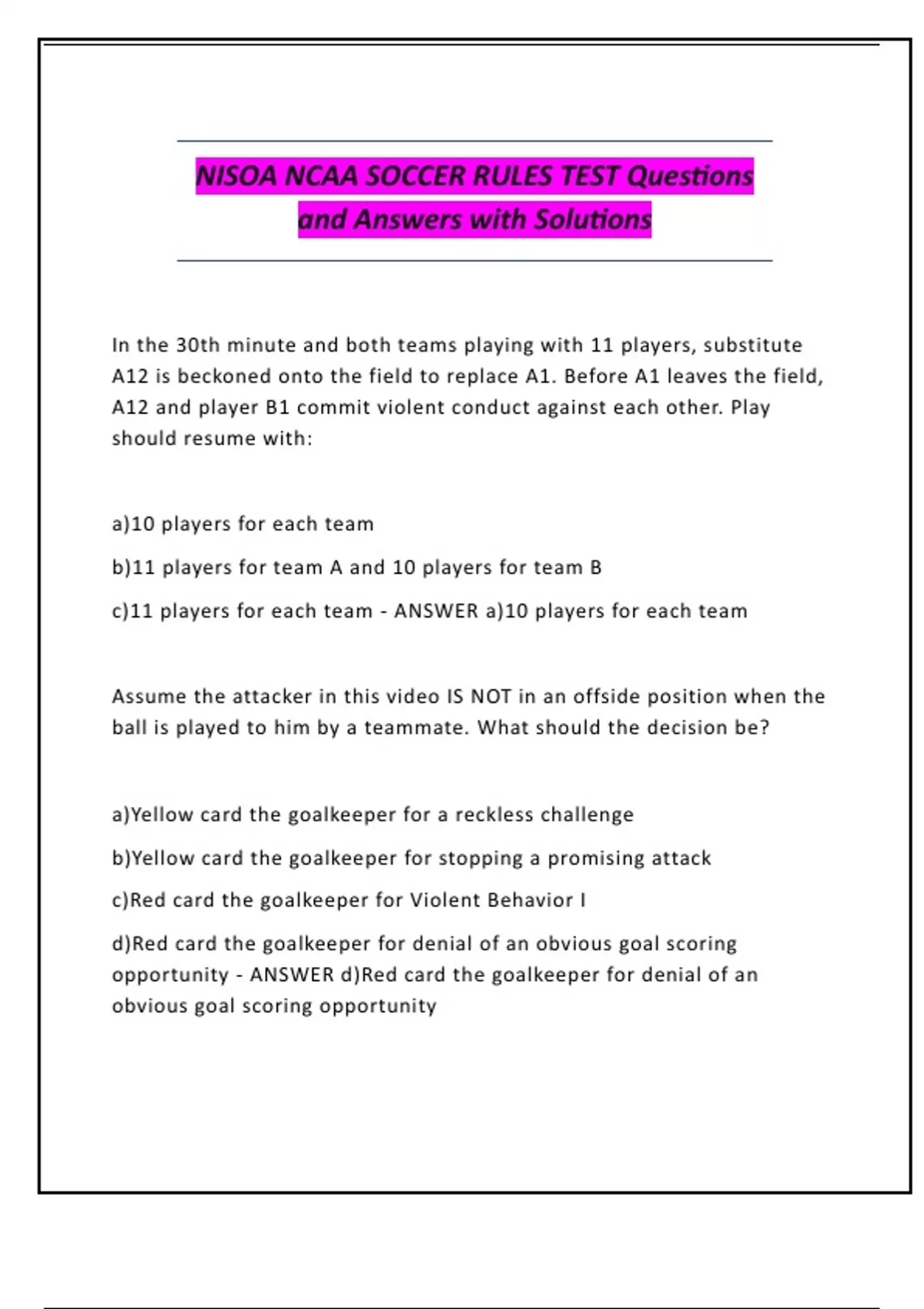 NISOA NCAA SOCCER RULES TEST Questions and Answers with Solutions ...
