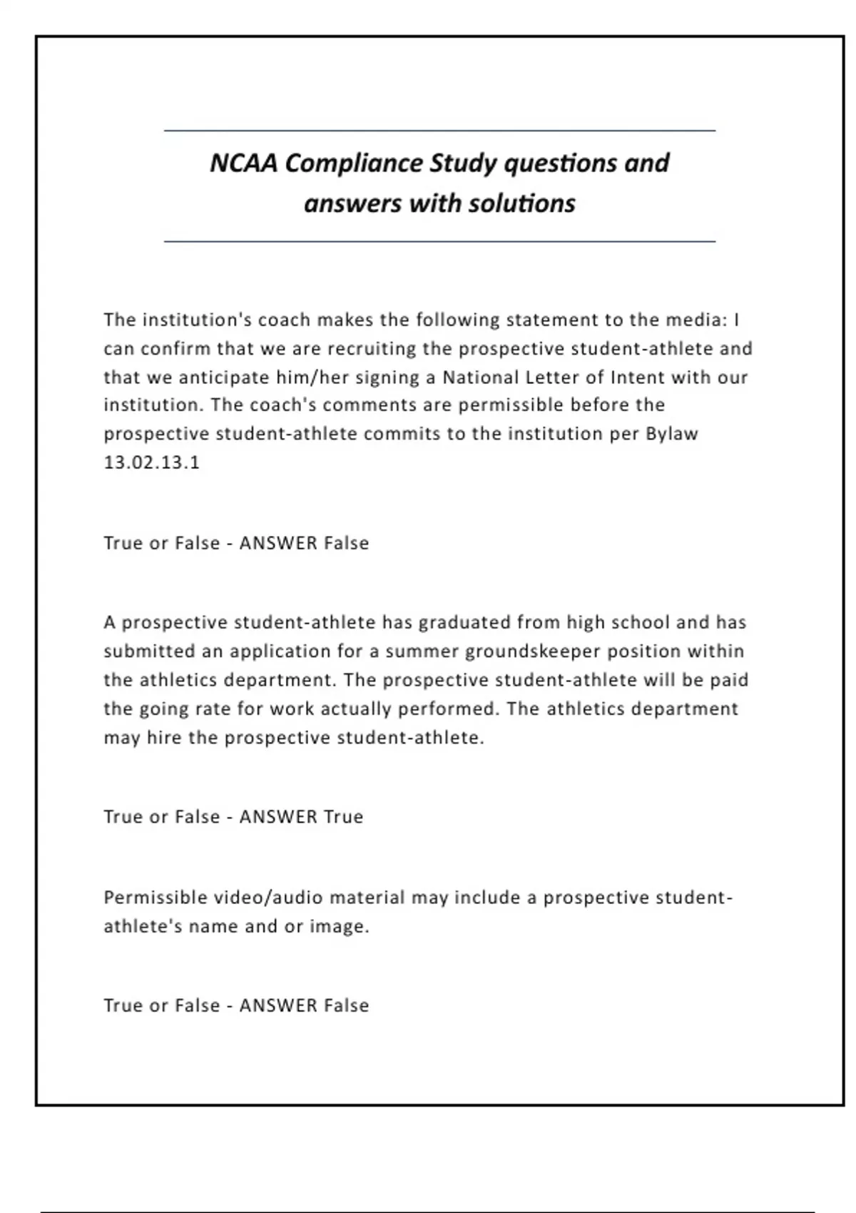NCAA Compliance Study questions and answers with solutions - NCAA ...