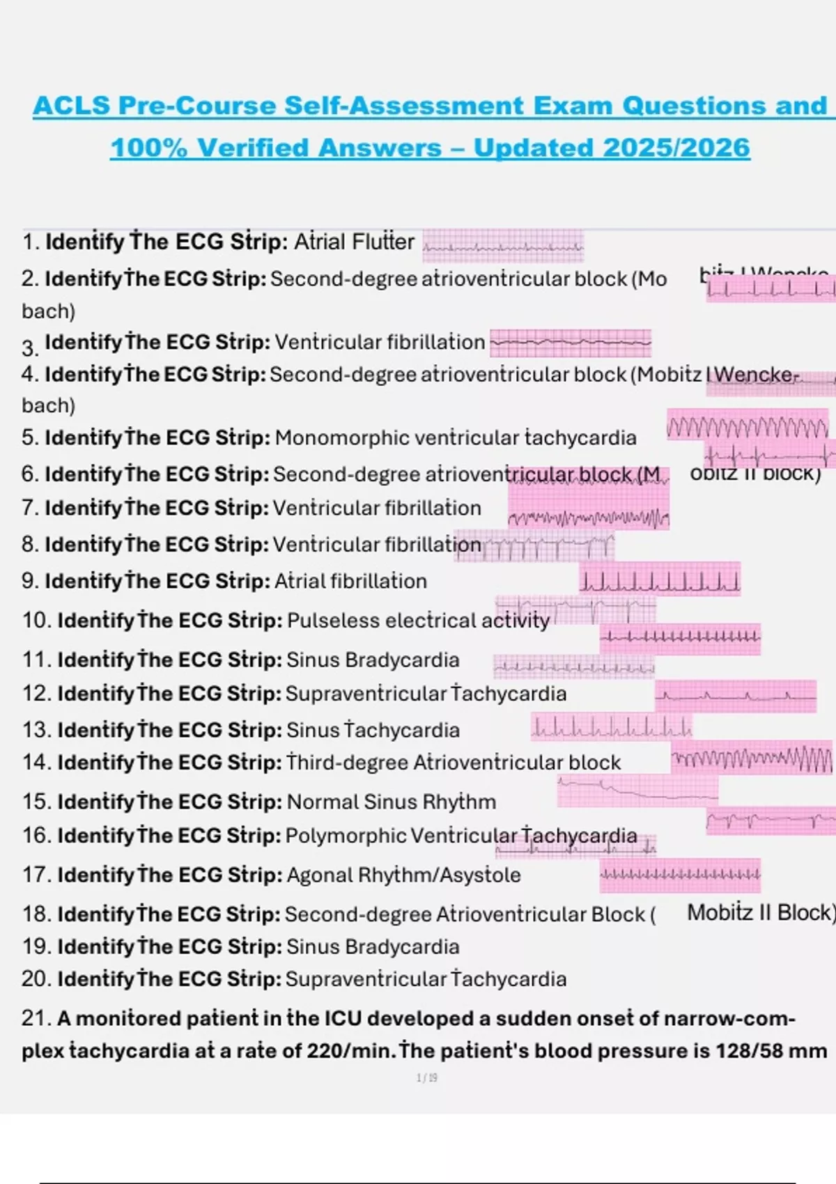 Acls Pre Course Self Assessment Exam Questions And 100 Verified