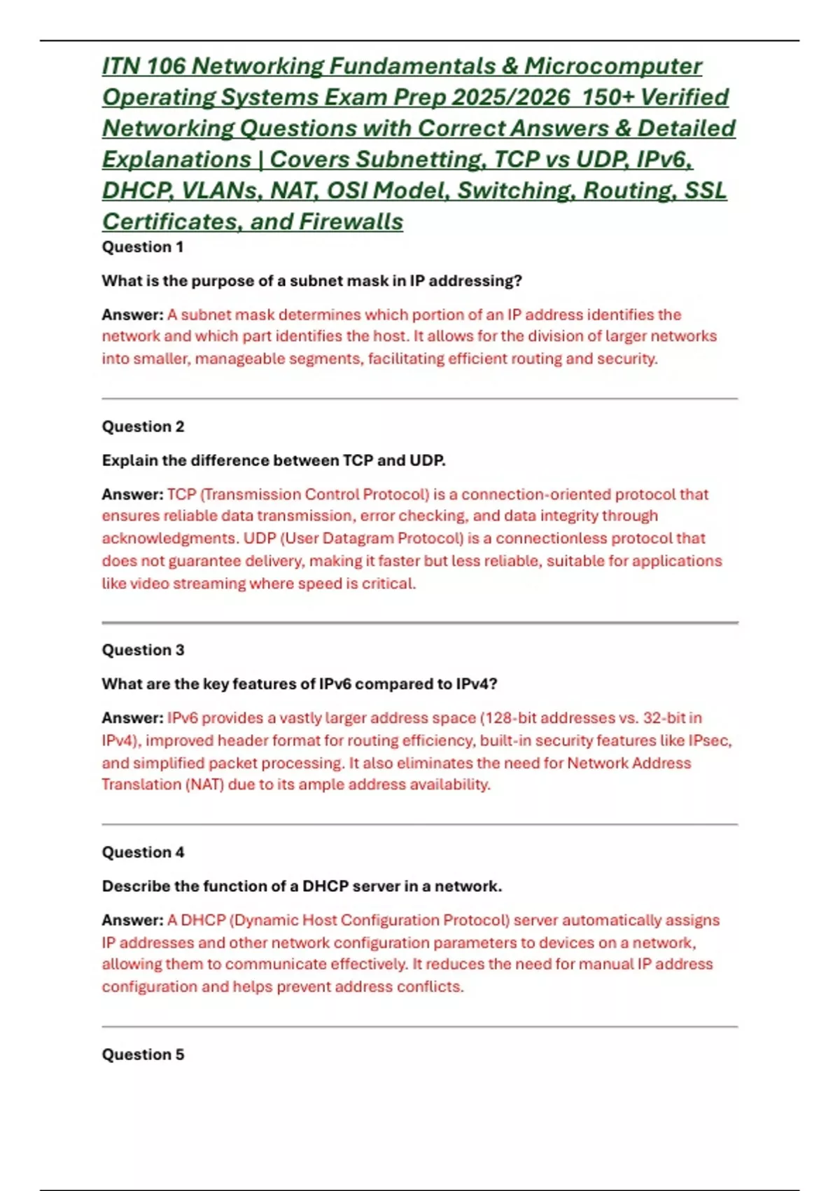 ITN 106 Networking Fundamentals & Microcomputer Operating Systems Exam Prep 2025/2026 150 ...