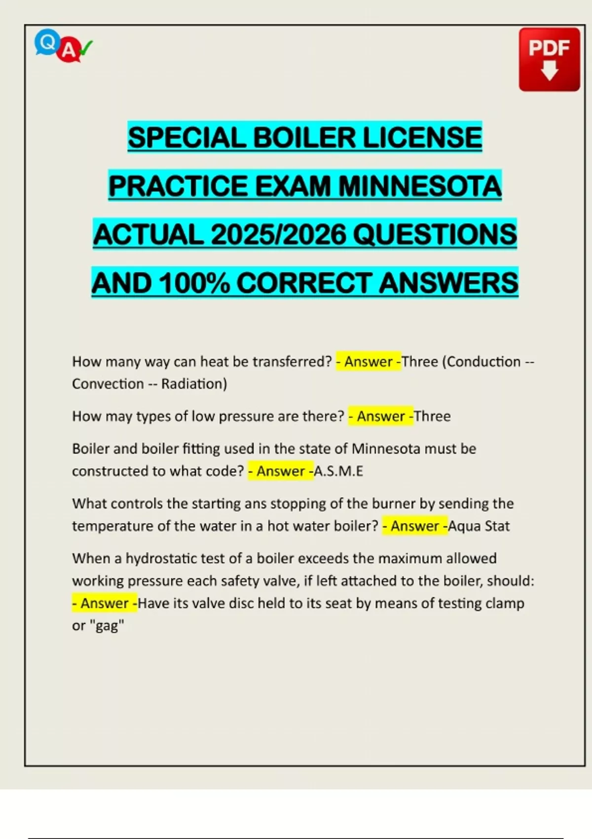 SPECIAL BOILER LICENSE PRACTICE EXAM MINNESOTA ACTUAL 2025/2026 ...
