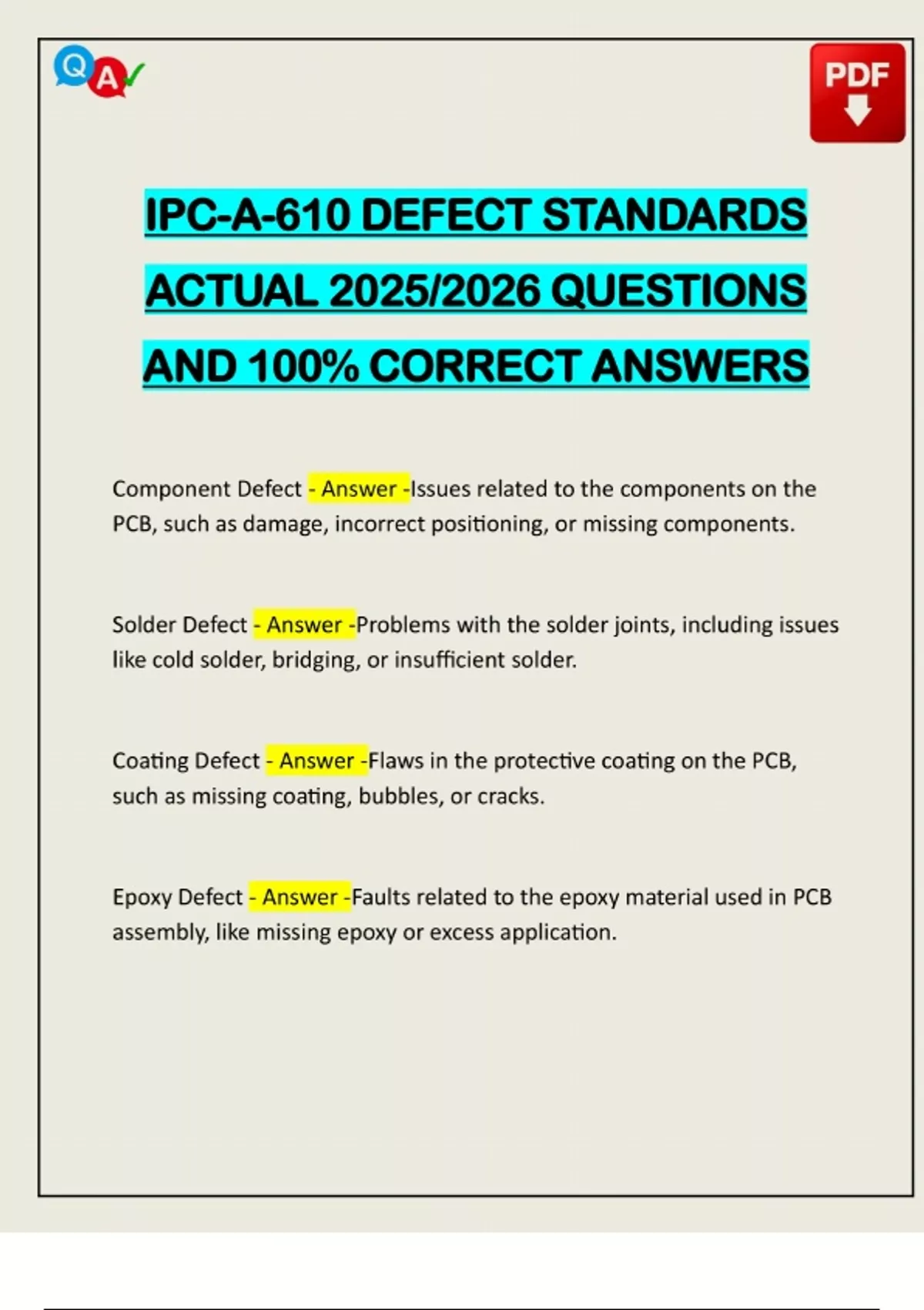 IPC-A-610 DEFECT STANDARDS ACTUAL 2025/2026 QUESTIONS AND 100% CORRECT ANSWERS - IPC A 610 ...