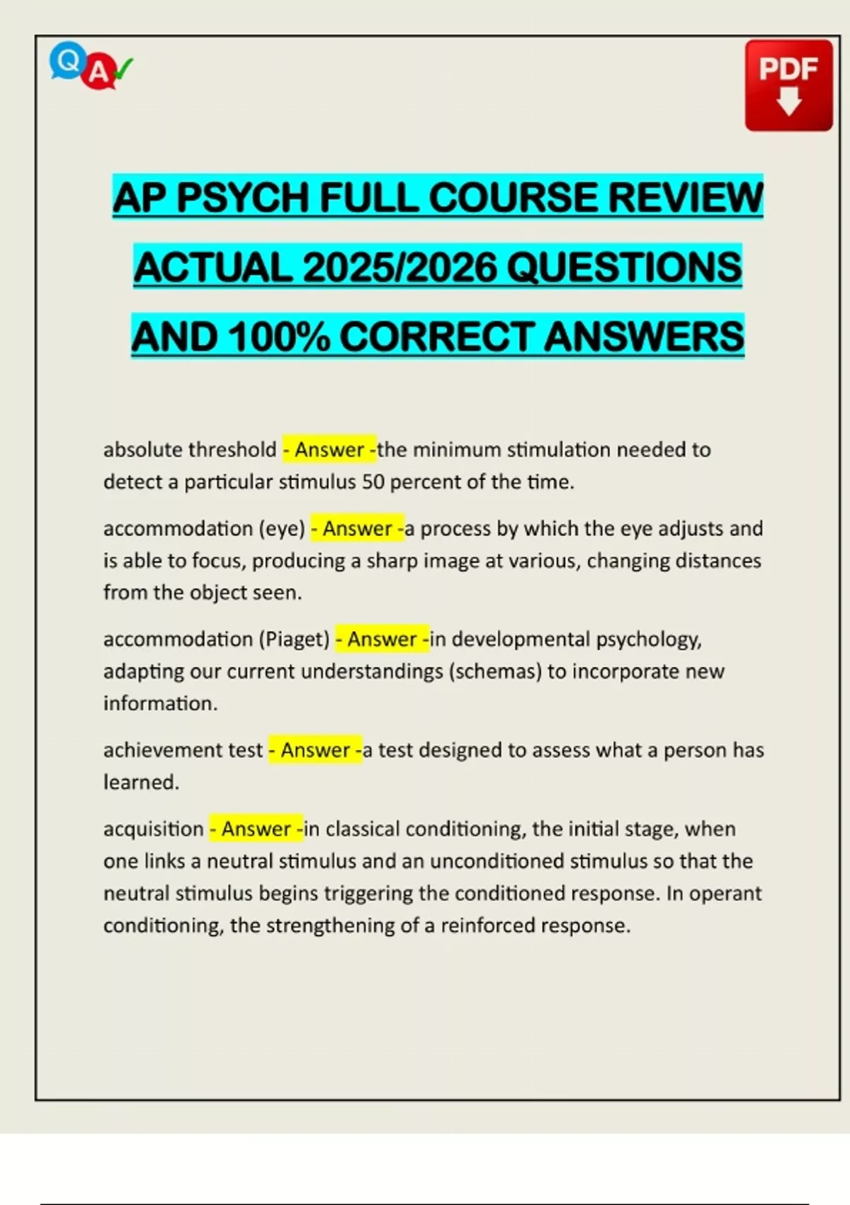 AP PSYCH FULL COURSE REVIEW ACTUAL 2025/2026 QUESTIONS AND 100% CORRECT ...