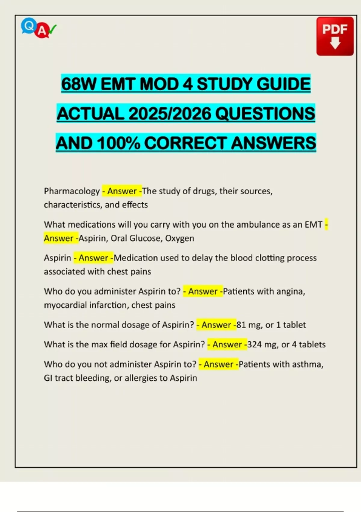 68W EMT MOD 4 STUDY GUIDE ACTUAL 2025/2026 QUESTIONS AND 100% CORRECT ...