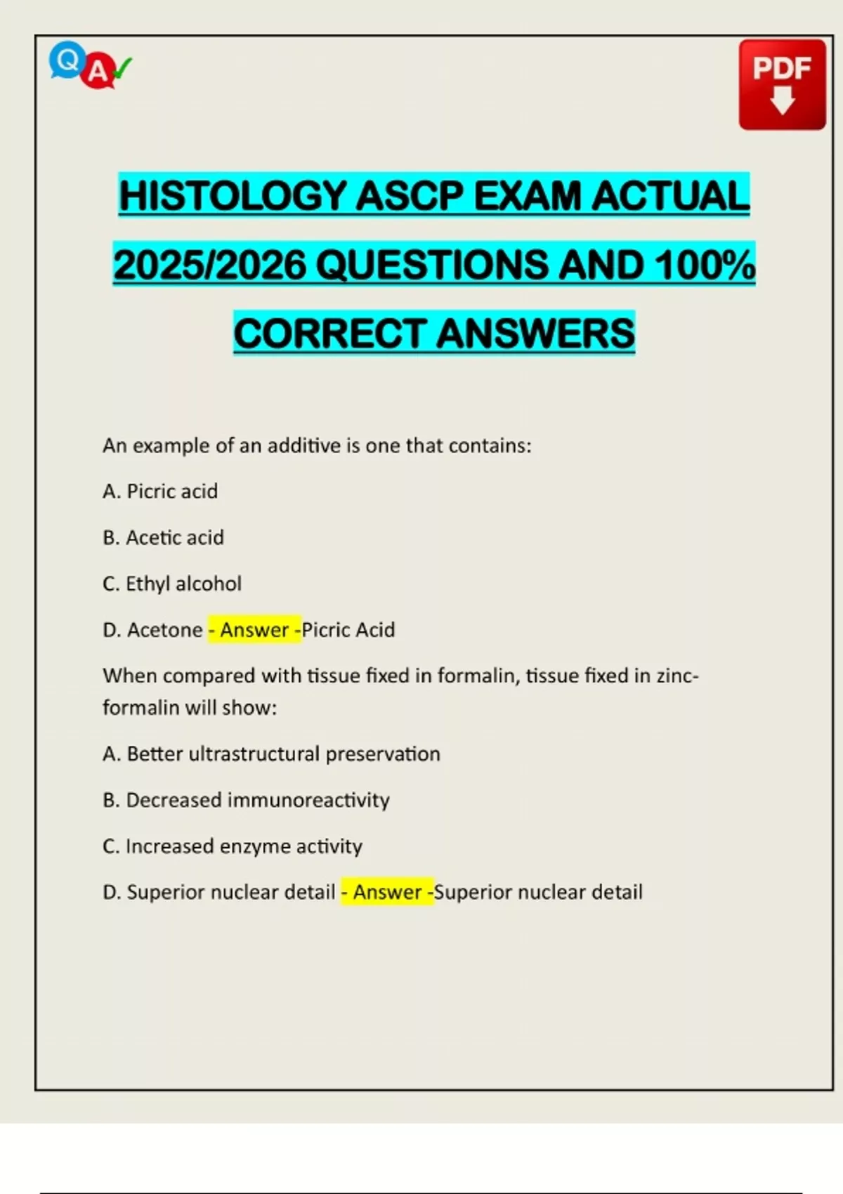 HISTOLOGY ASCP EXAM ACTUAL 2025/2026 QUESTIONS AND 100% CORRECT ANSWERS - ASCP - Stuvia US