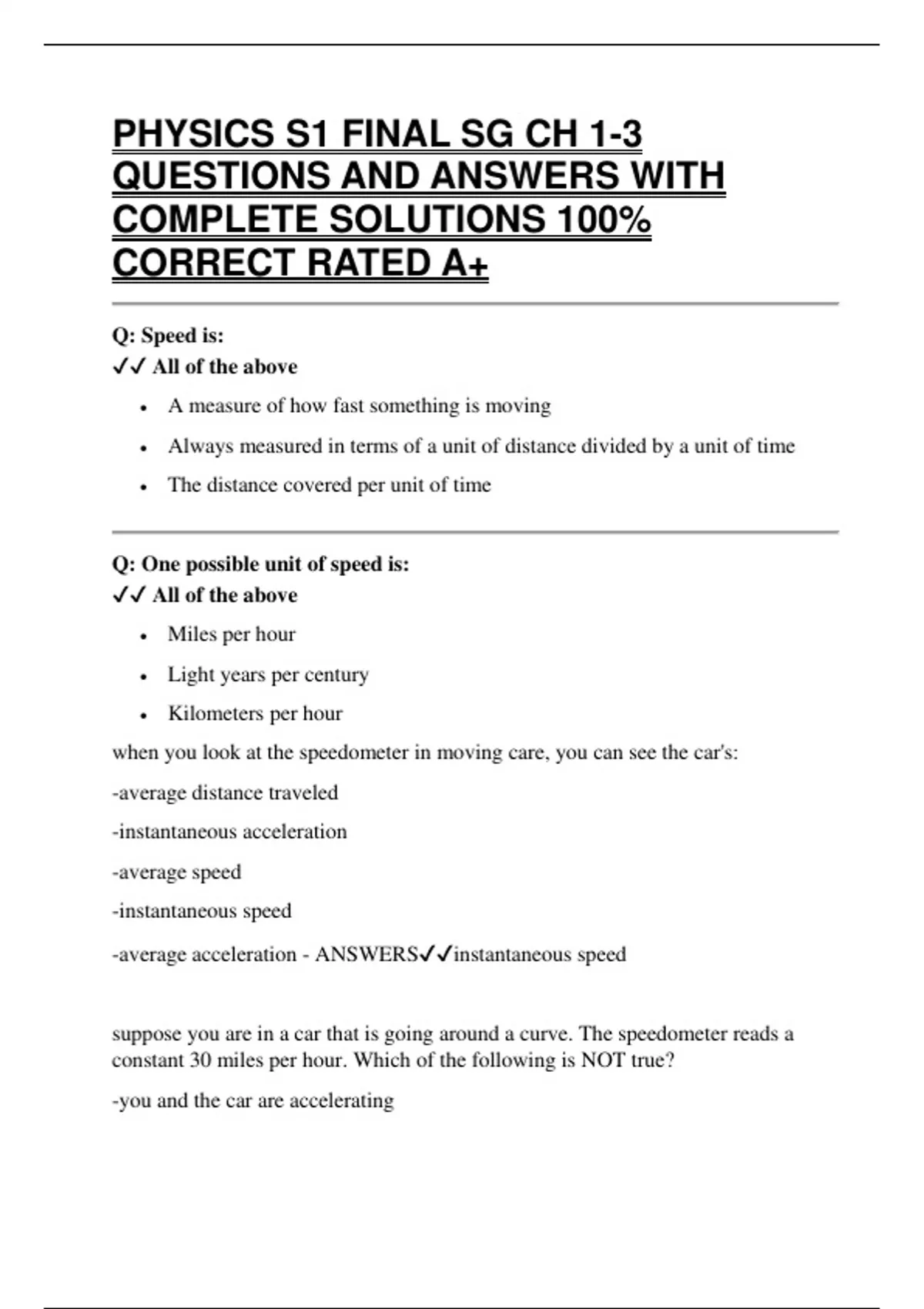 PHYSICS S1 FINAL SG CH 1-3 QUESTIONS AND ANSWERS WITH COMPLETE ...
