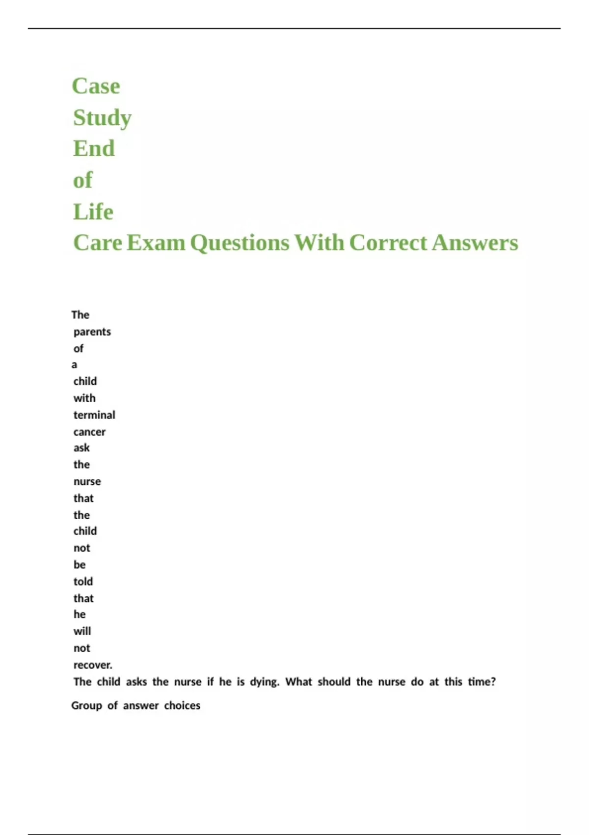 Case Study End of Life Care Exam Questions With Correct Answers ...