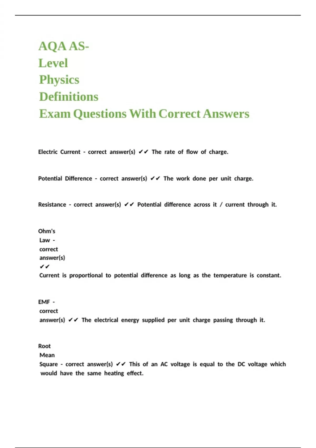 AQA AS-Level Physics Definitions Exam Questions With Correct Answers. - AQA AS-Level Physics ...