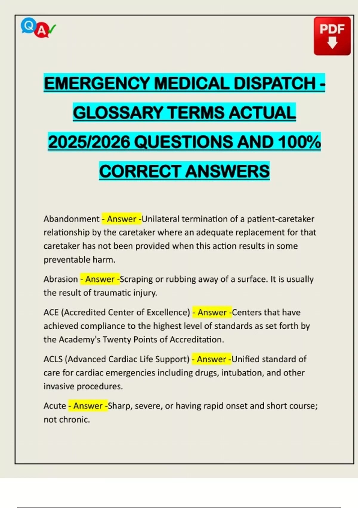 EMERGENCY MEDICAL DISPATCH - GLOSSARY TERMS ACTUAL 2025/2026 QUESTIONS ...