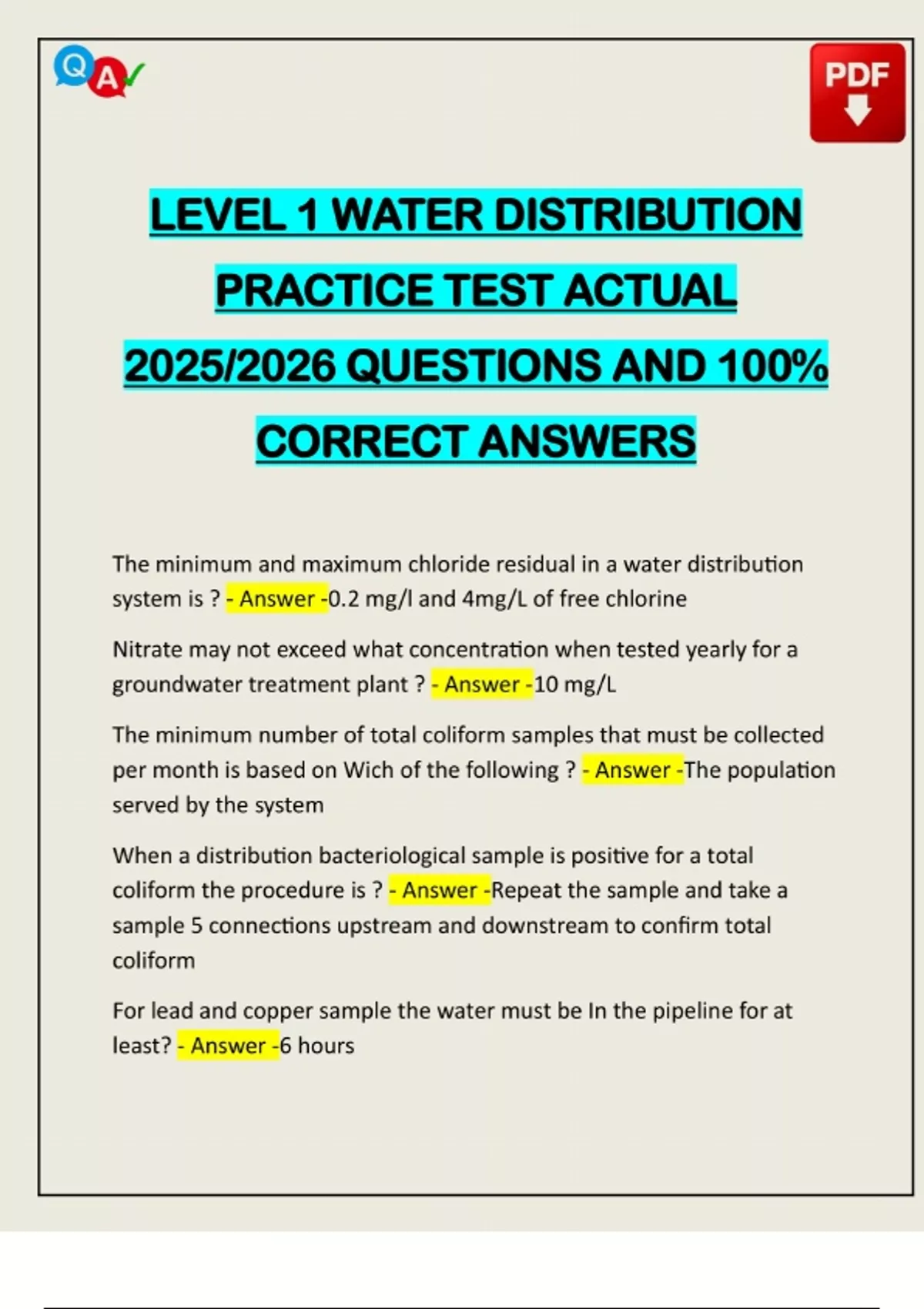 LEVEL 1 WATER DISTRIBUTION PRACTICE TEST ACTUAL 2025/2026 QUESTIONS AND ...