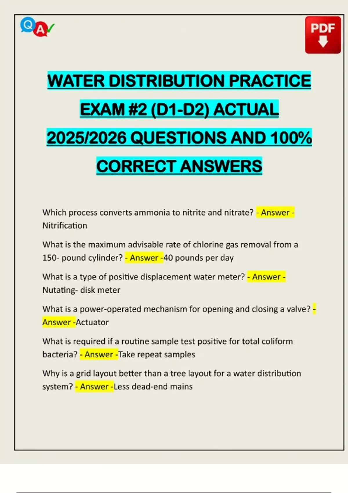 WATER DISTRIBUTION PRACTICE EXAM #2 (D1-D2) ACTUAL 2025/2026 QUESTIONS ...