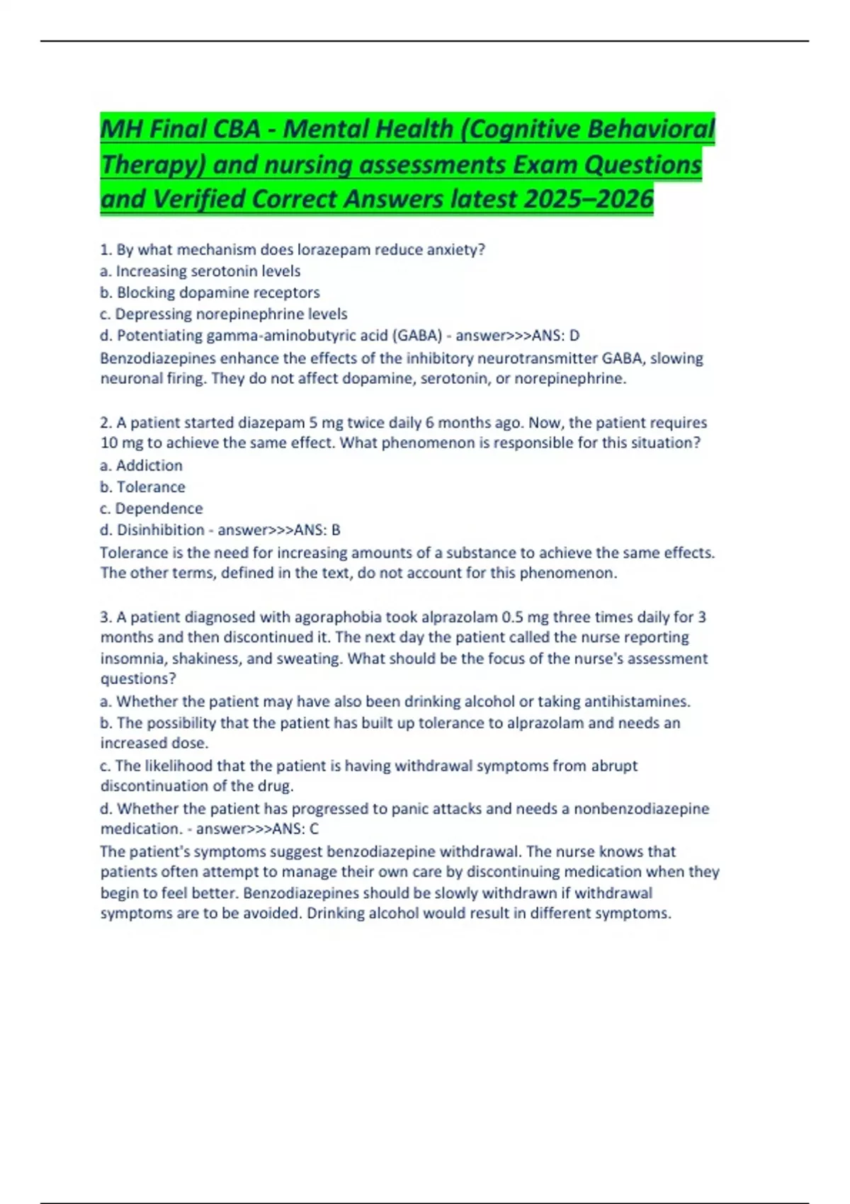 MH Final CBA - Mental Health (Cognitive Behavioral Therapy) and nursing ...