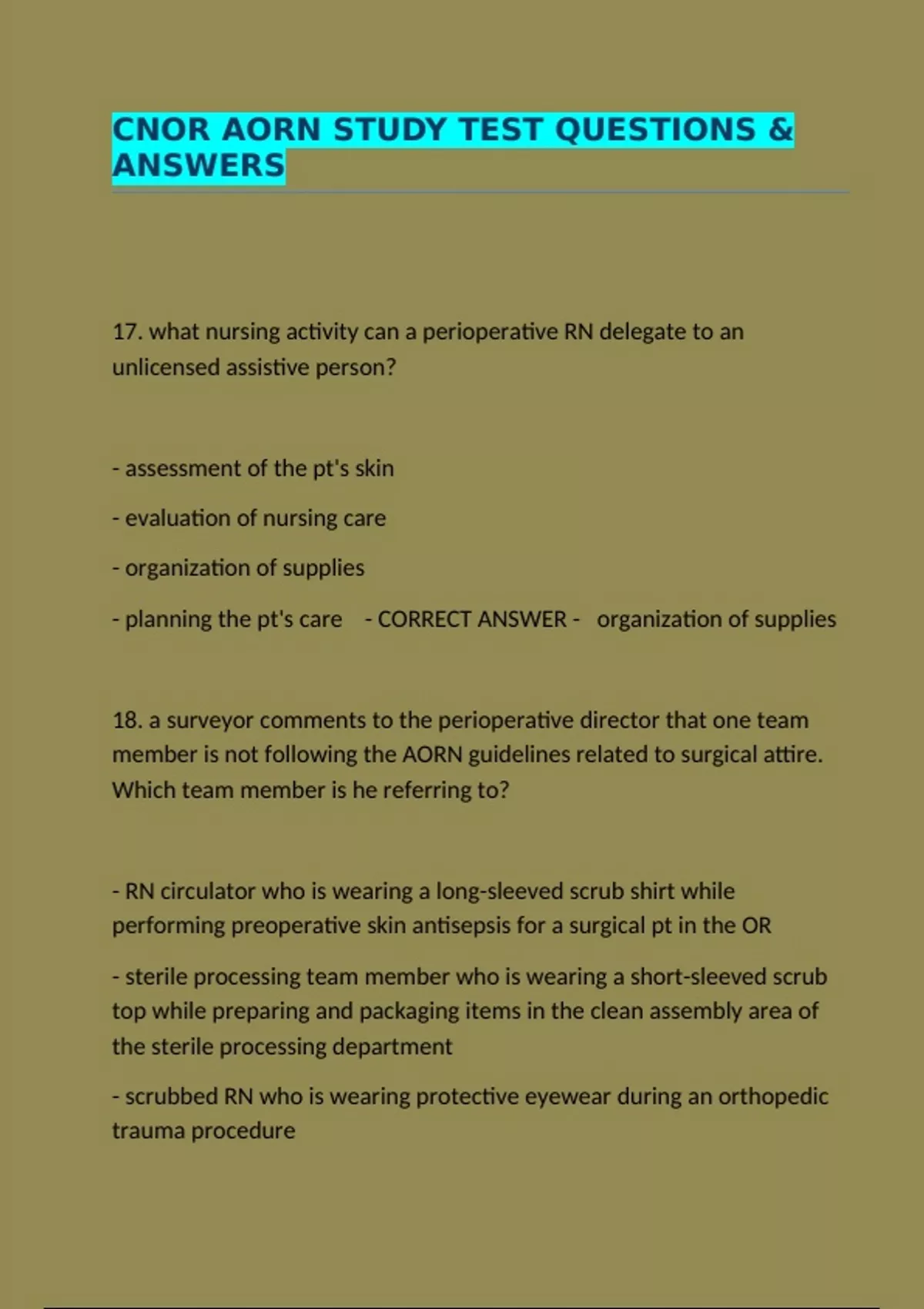 CNOR AORN STUDY TEST QUESTIONS ANSWERS; Graded A+ 100% fully solved ...