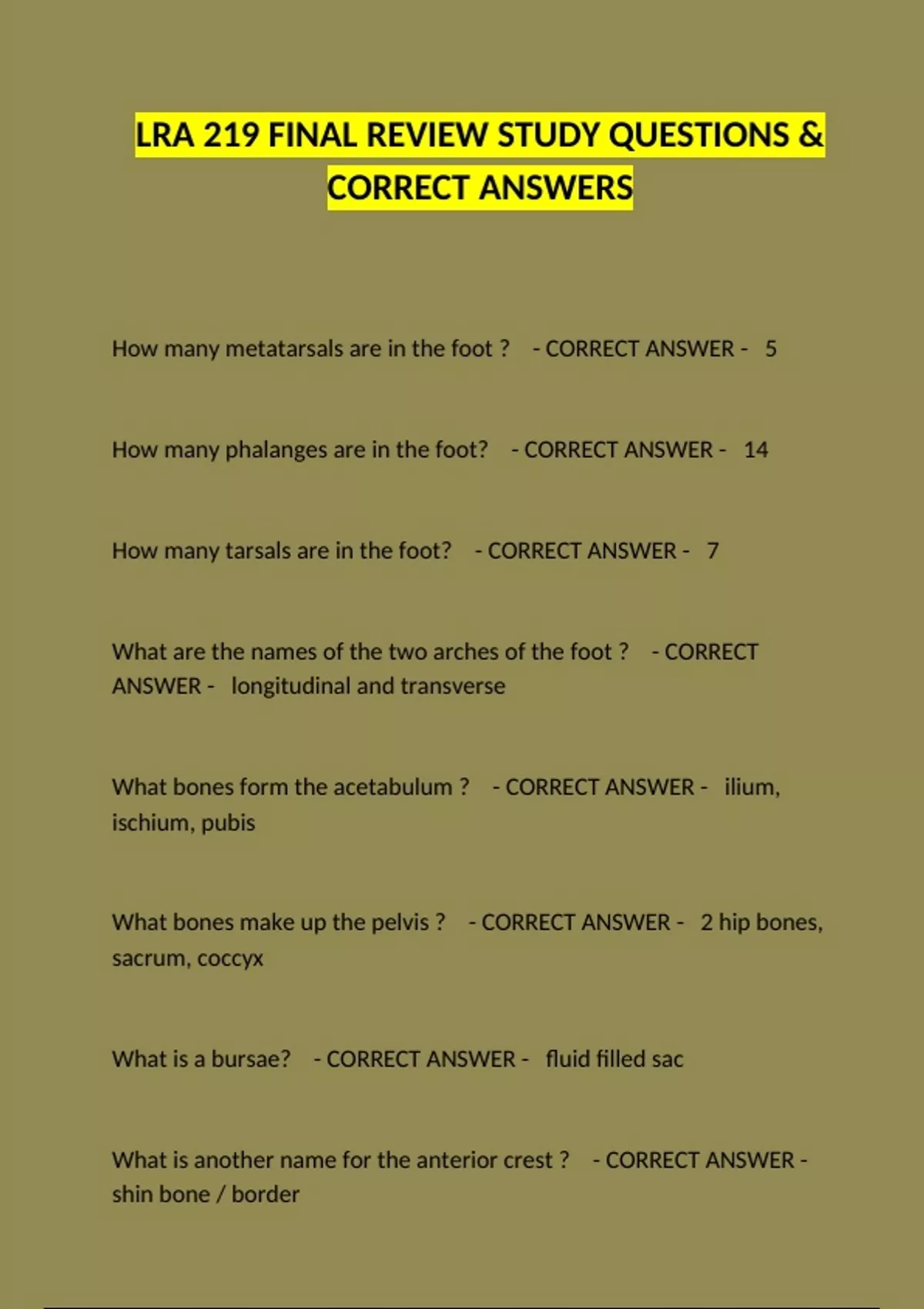 LRA 219 Final Review: Study Questions & Answers on Foot, Pelvis & Lower ...