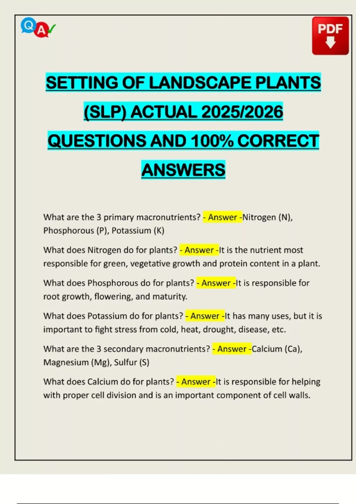 SETTING OF LANDSCAPE PLANTS (SLP) ACTUAL 2025/2026 QUESTIONS AND 100% ...