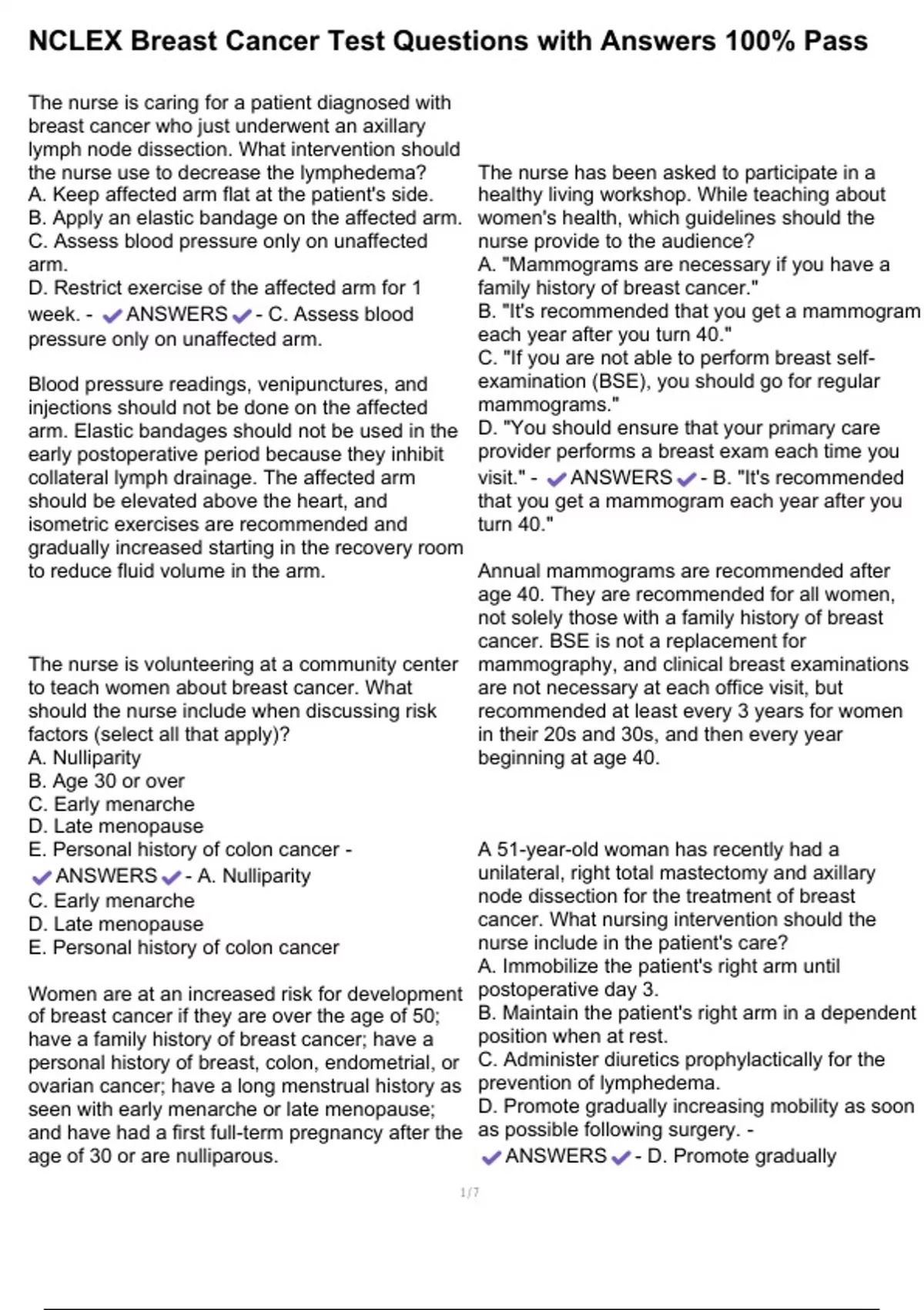NCLEX Breast Cancer Test Questions with Answers 100% Pass - NCLEX ...