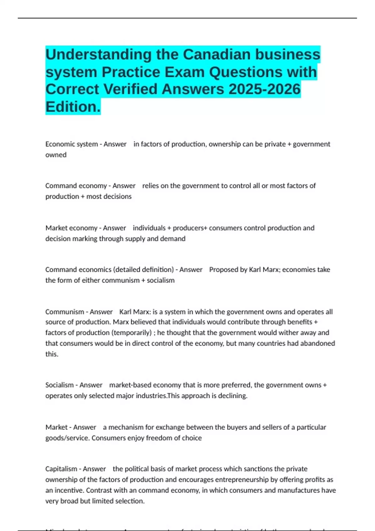 Understanding the Canadian business system Practice Exam Questions with ...