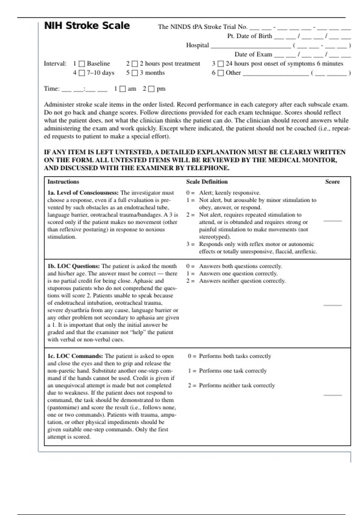 NIH Stroke Scale reading – All Test Groups A-F (Patients 1-6) Complete ...