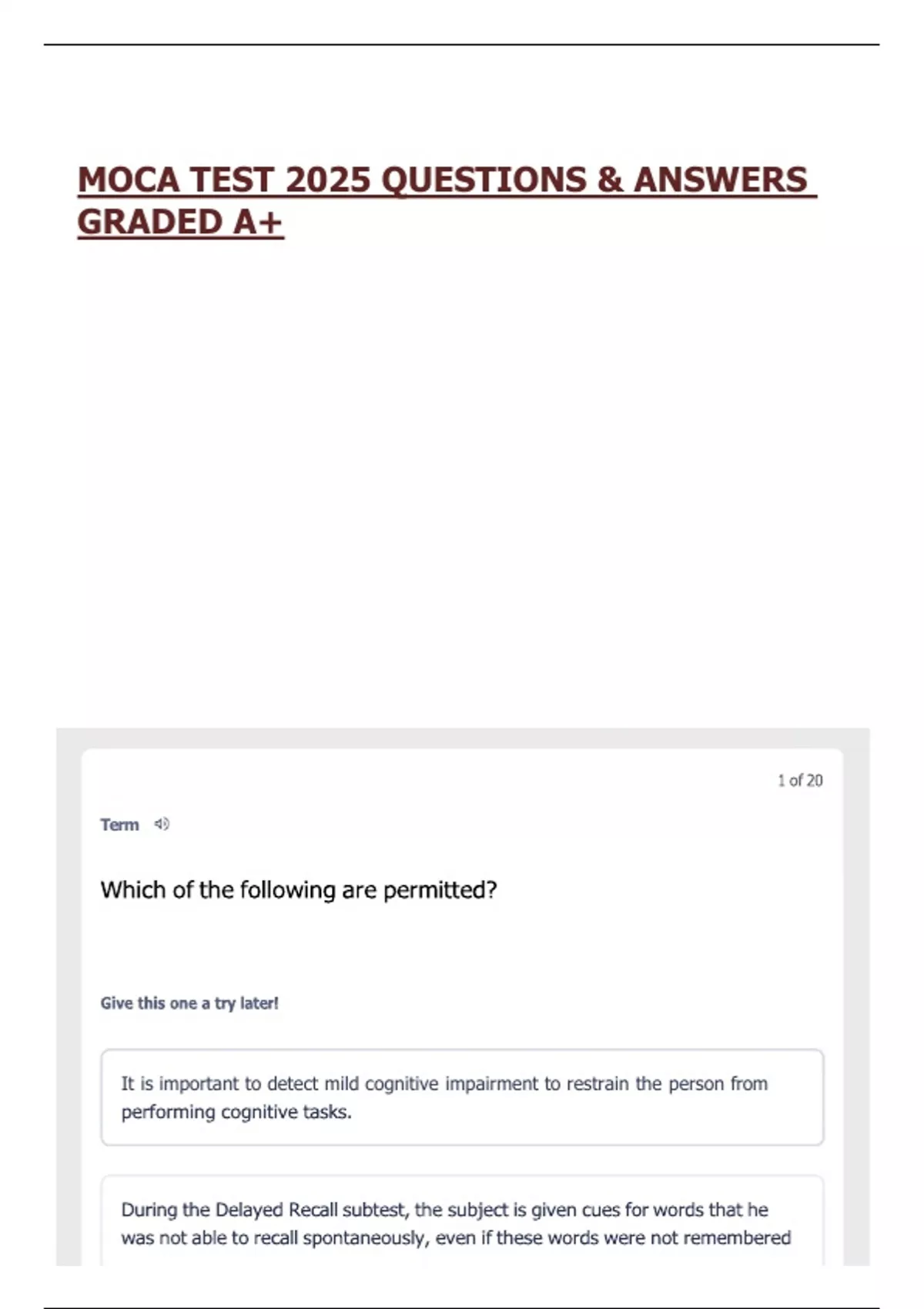 MOCA TEST 2025 QUESTIONS & ANSWERS GRADED A+ - MOCA - Stuvia US
