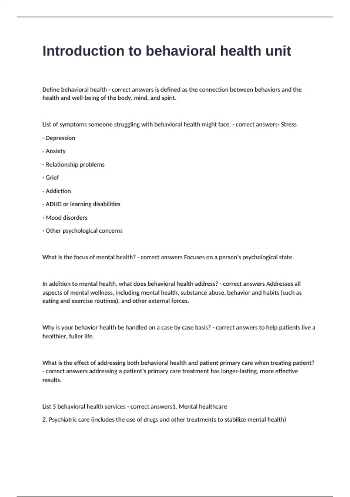 Introduction to behavioral health unit practice actual exam questions ...