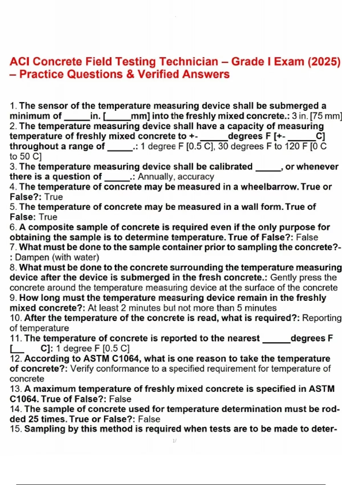 ACI Concrete Field Testing Technician – Grade I Exam (2025) – Practice ...