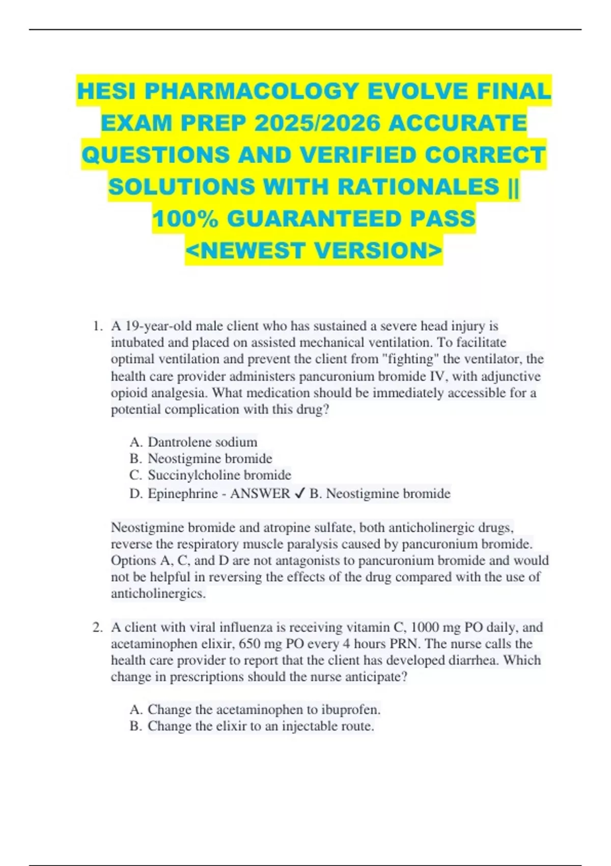 HESI PHARMACOLOGY EVOLVE FINAL EXAM PREP 2025/2026 ACCURATE QUESTIONS ...