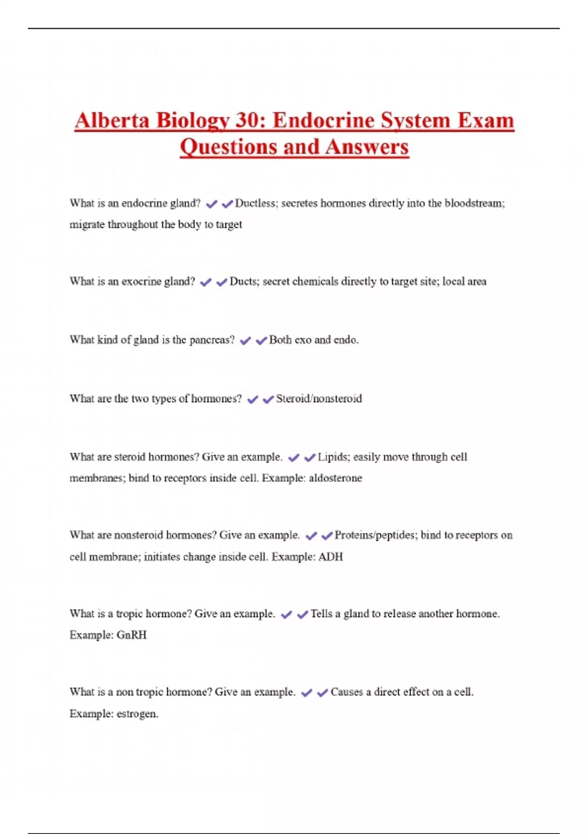 Alberta Biology 30: Endocrine System Exam Questions and Answers - Bio ...
