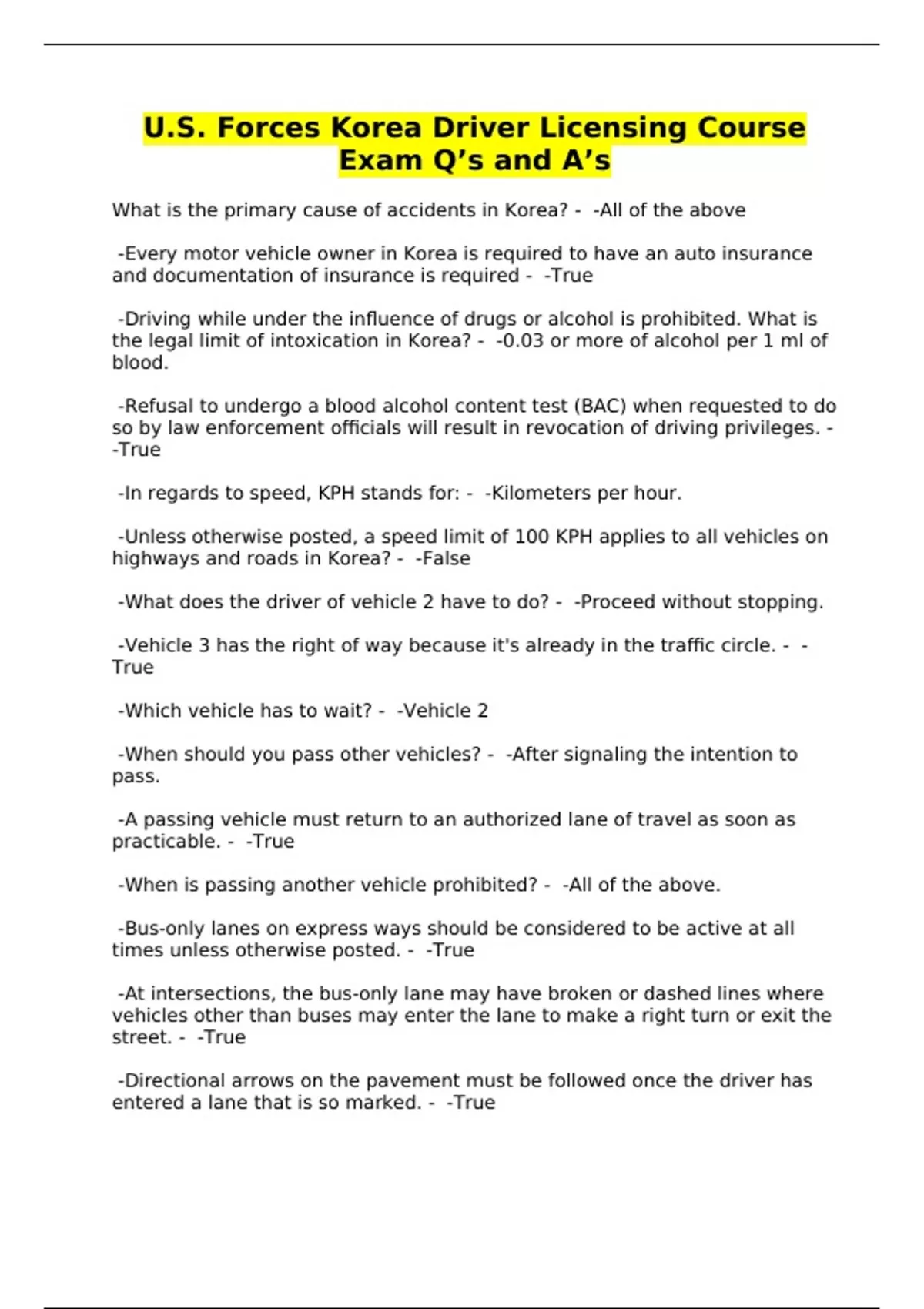 U.S. Forces Korea Driver Licensing Course Exam Q’s and A’s - U.S ...