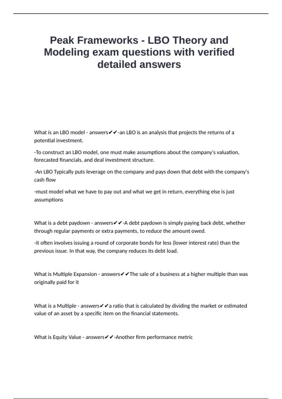 Peak Frameworks - LBO Theory and Modeling exam questions with verified ...