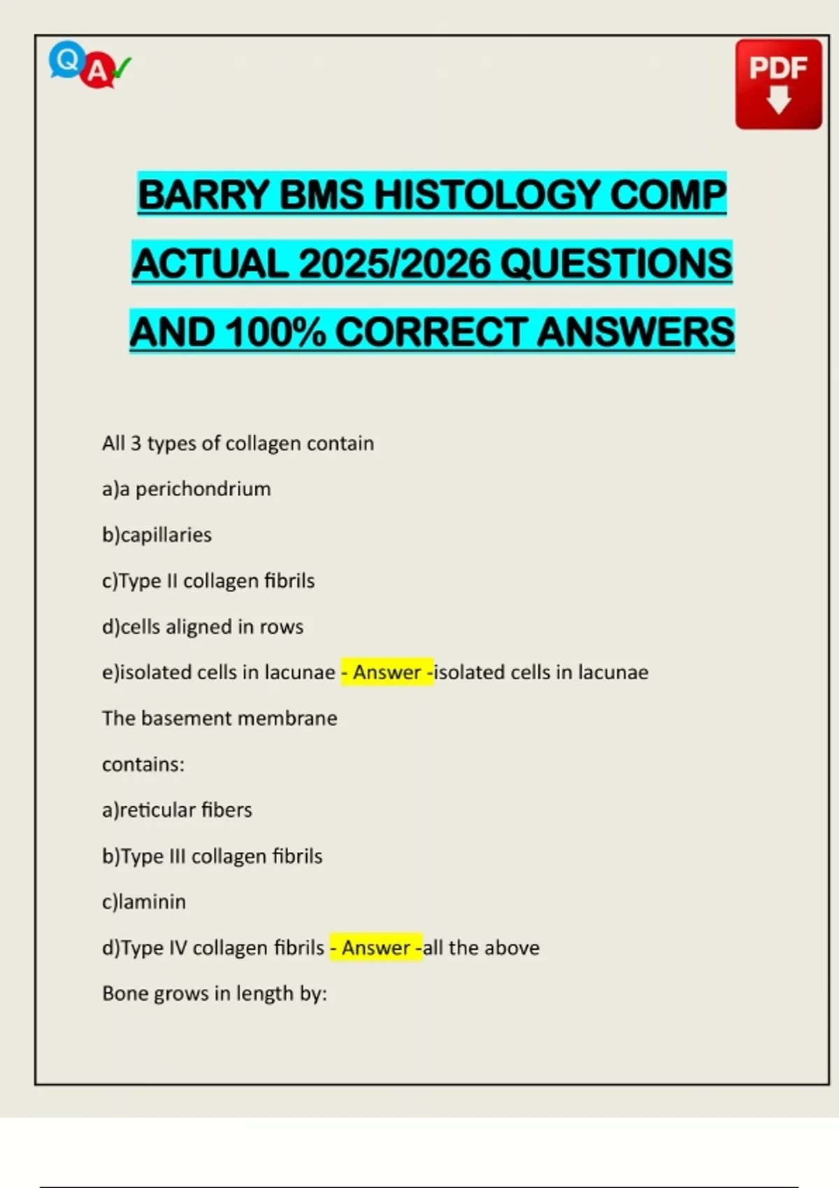 BARRY BMS HISTOLOGY COMP ACTUAL 2025/2026 QUESTIONS AND 100% CORRECT ...