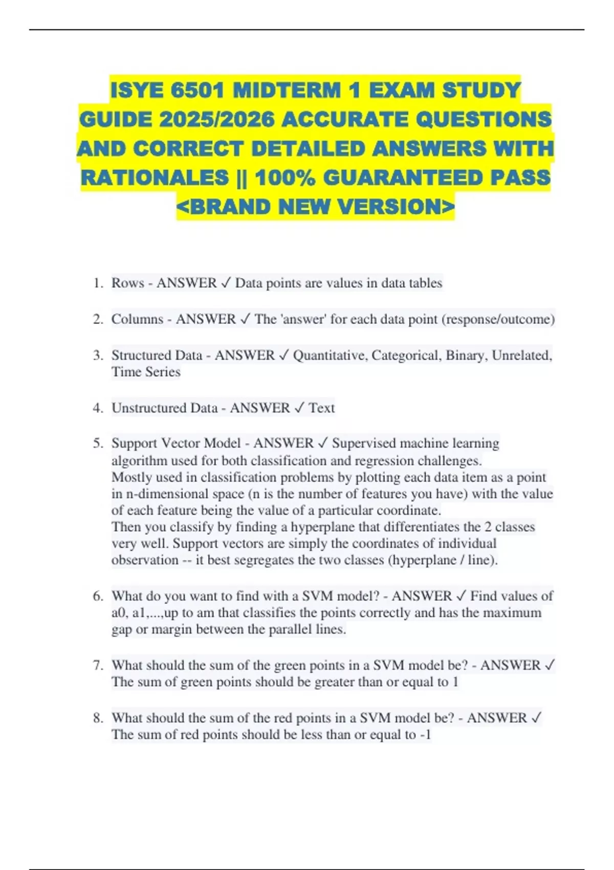 ISYE 6501 MIDTERM 1,2 & FINAL EXAM STUDY GUIDE 2025/2026 ACCURATE QUESTIONS AND CORRECT DETAILED ...