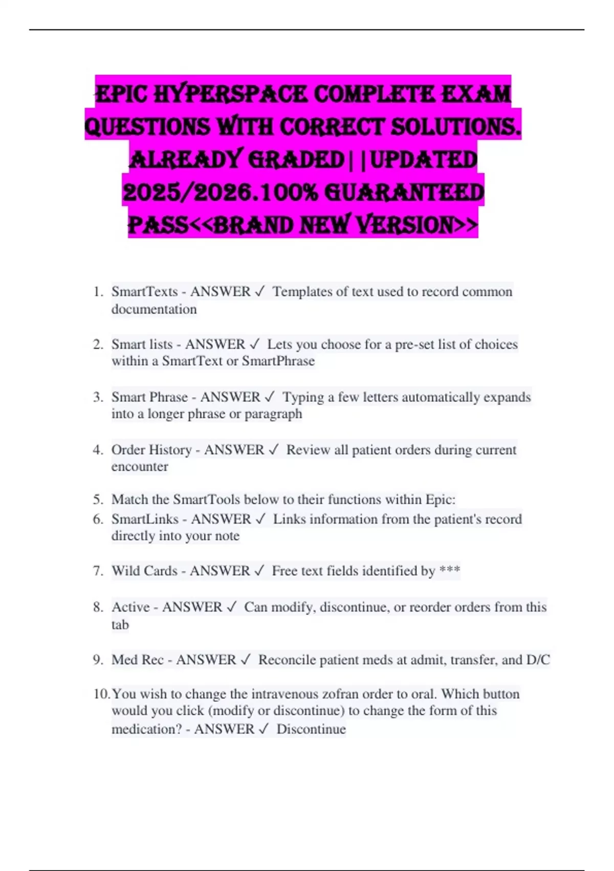 Epic Hyperspace COMPLETE EXAM QUESTIONS WITH CORRECT SOLUTIONS. ALREADY GRADED||UPDATED 2025/ ...