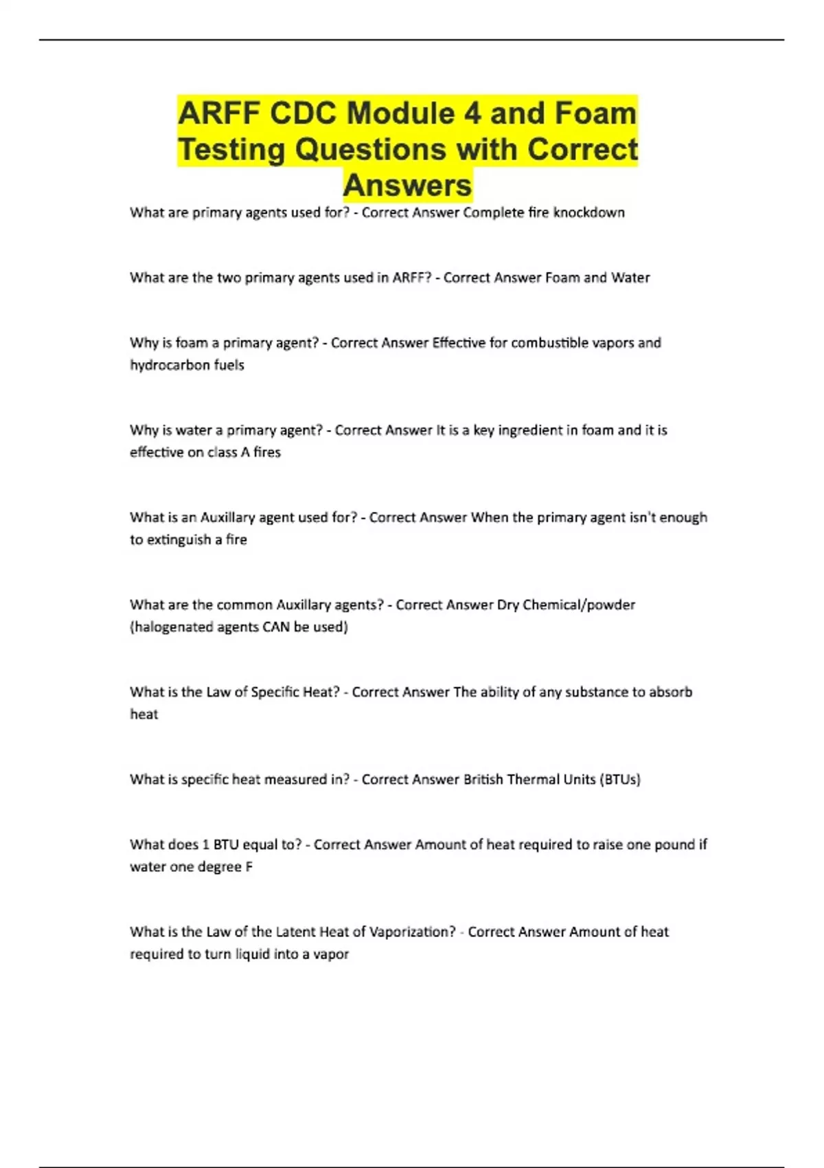 ARFF CDC Module 4 and Foam Testing Questions with Correct Answers ...
