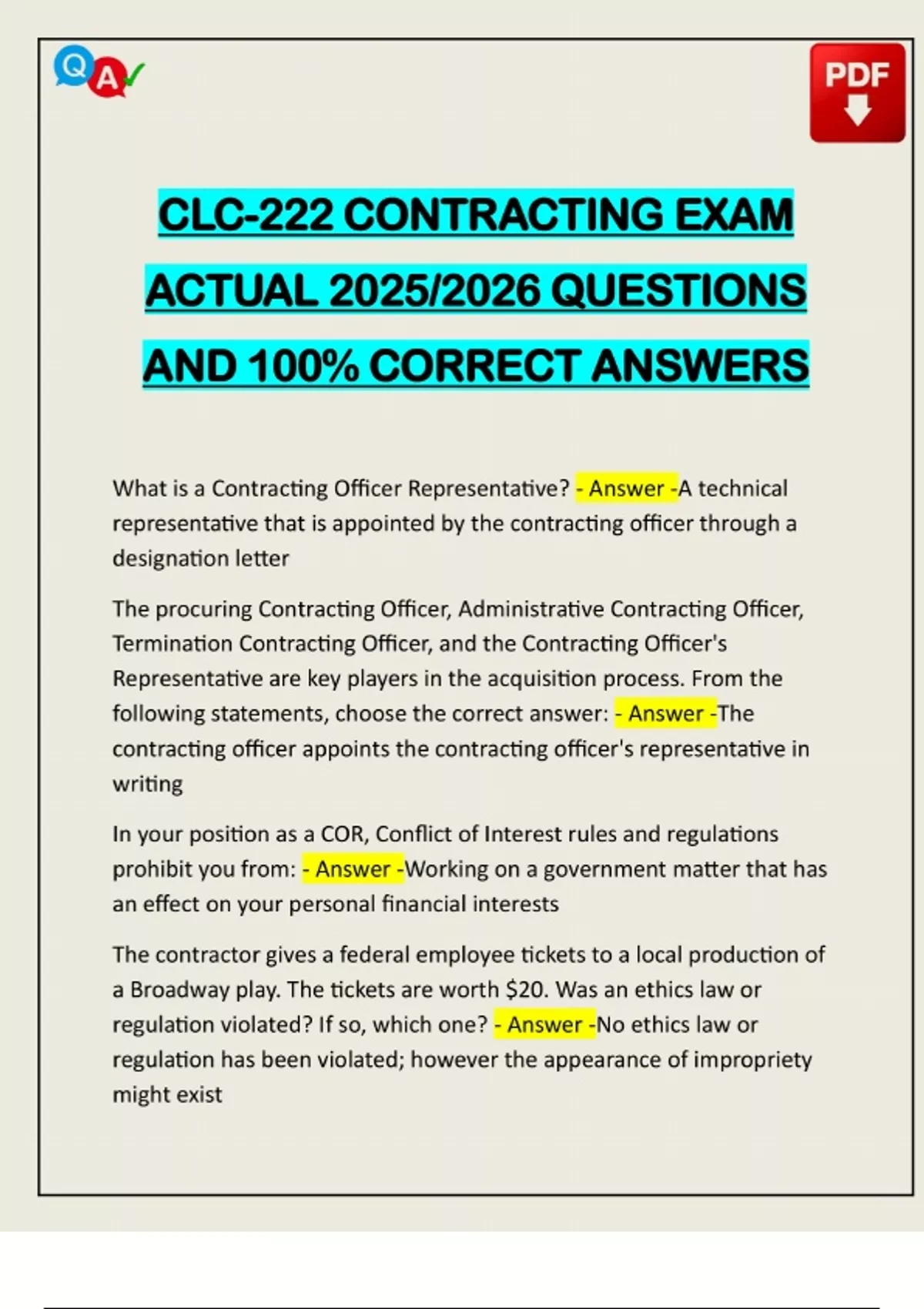 CLC-222 CONTRACTING EXAM ACTUAL 2025/2026 QUESTIONS AND 100% CORRECT ...