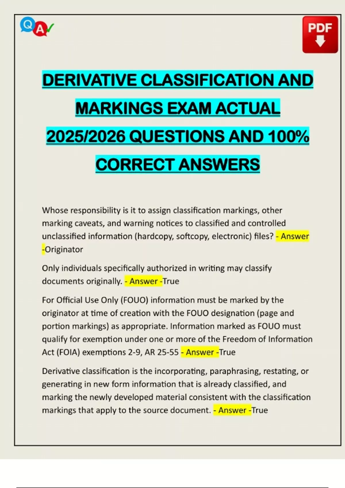 DERIVATIVE CLASSIFICATION AND MARKINGS EXAM ACTUAL 2025/2026 QUESTIONS ...