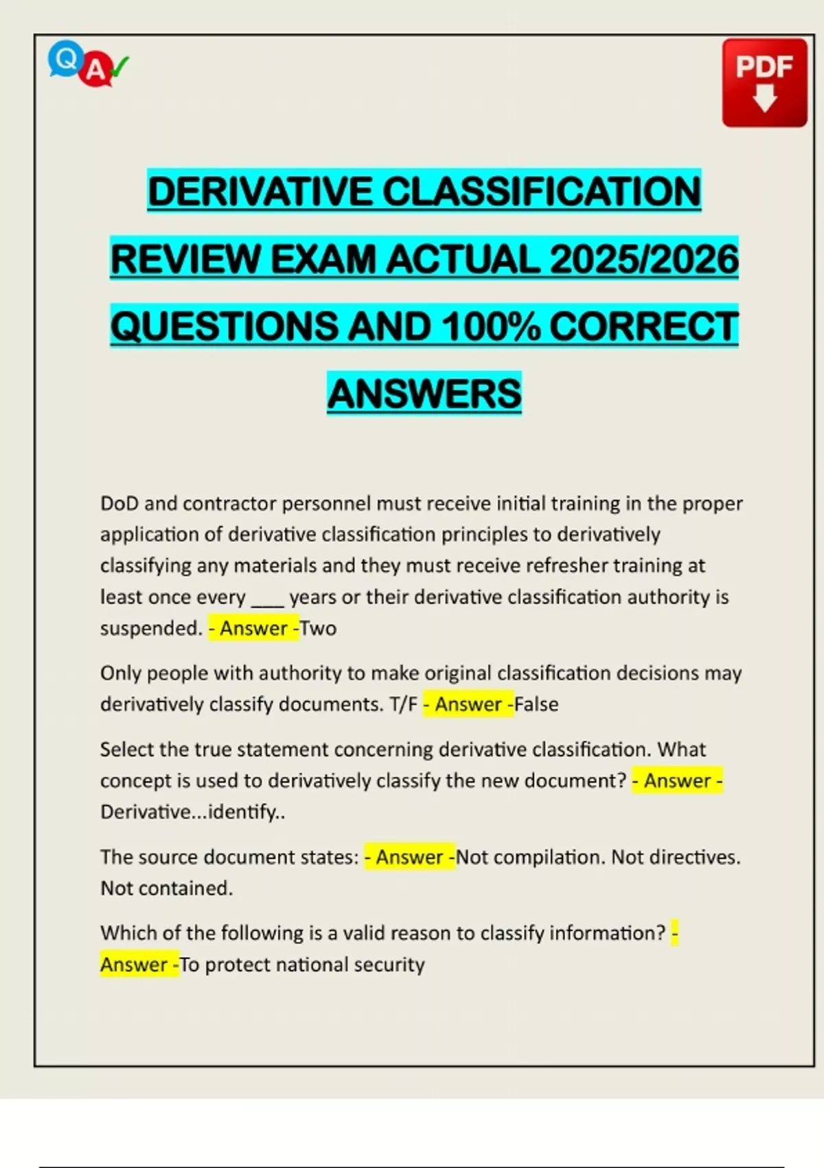 DERIVATIVE CLASSIFICATION REVIEW EXAM ACTUAL 2025/2026 QUESTIONS AND ...