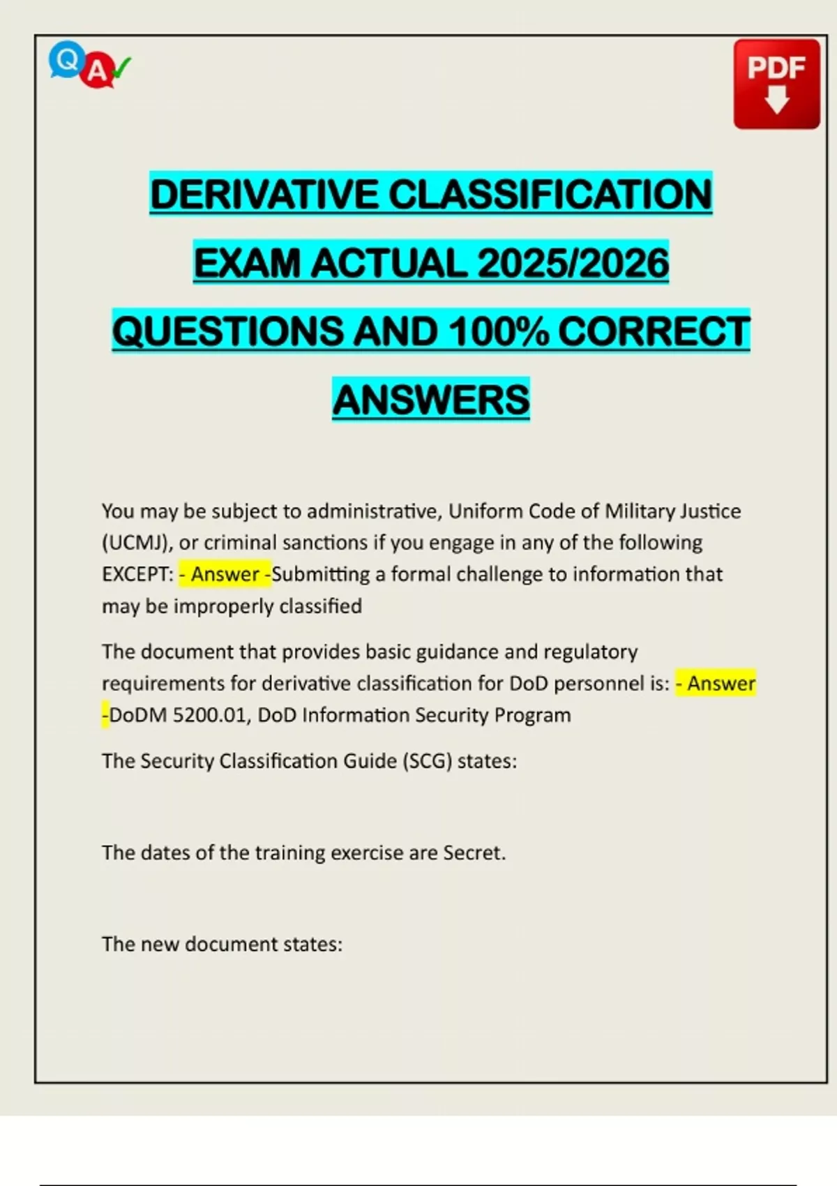 DERIVATIVE CLASSIFICATION EXAM ACTUAL 2025/2026 QUESTIONS AND 100% ...